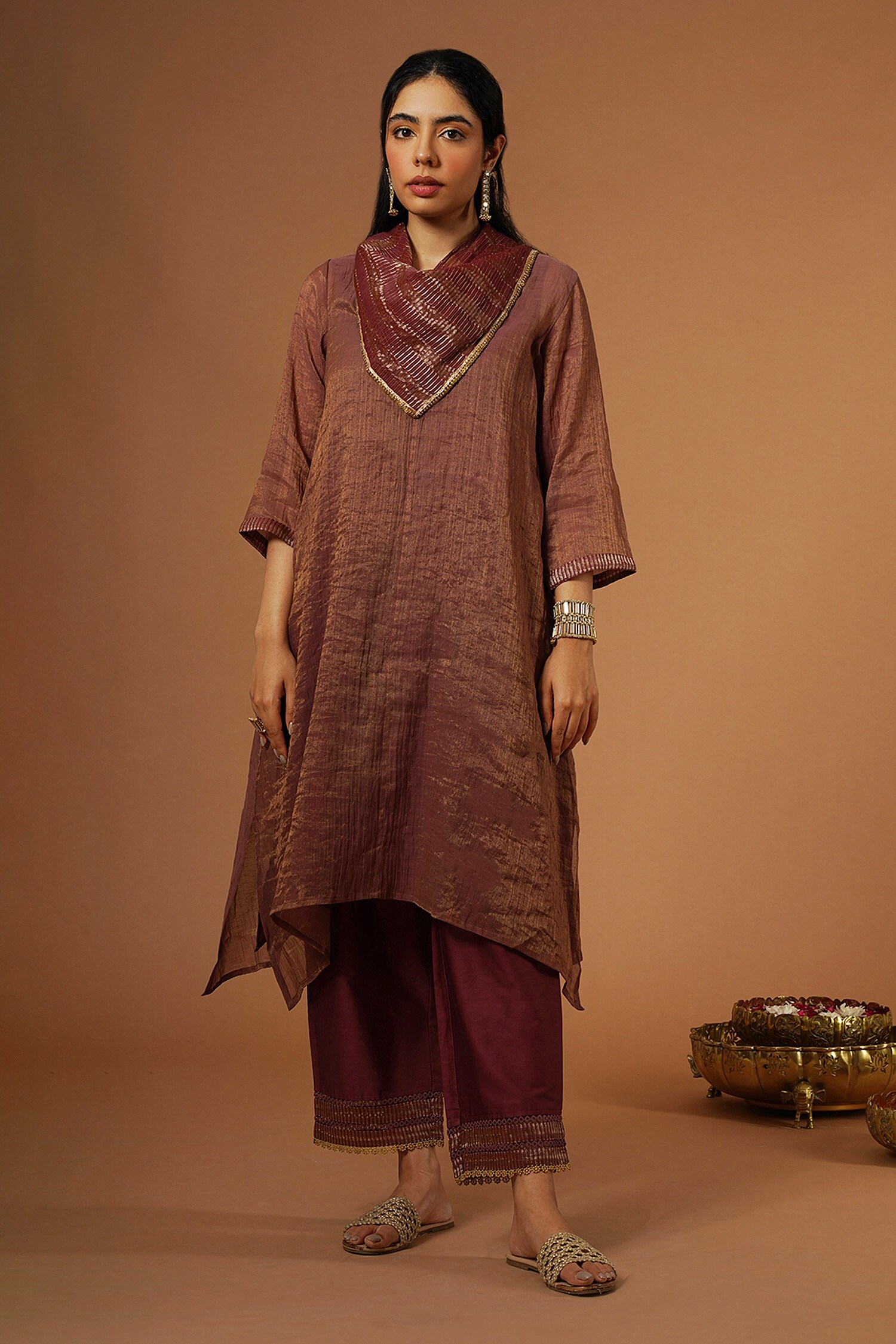 Buy Maroon Tissue Chanderi Cowl Neck A-line Tunic And Pant Set For ...
