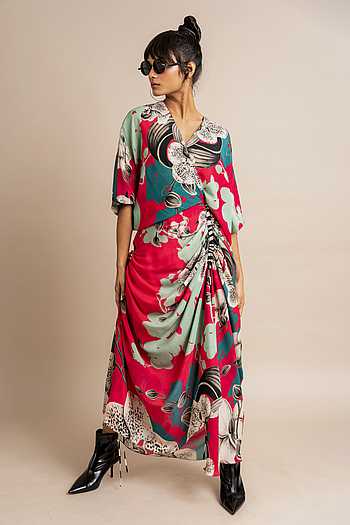 Buy Magenta Crepe Digital Print Floral Pattern V Neck Floret Wrap Dress ...