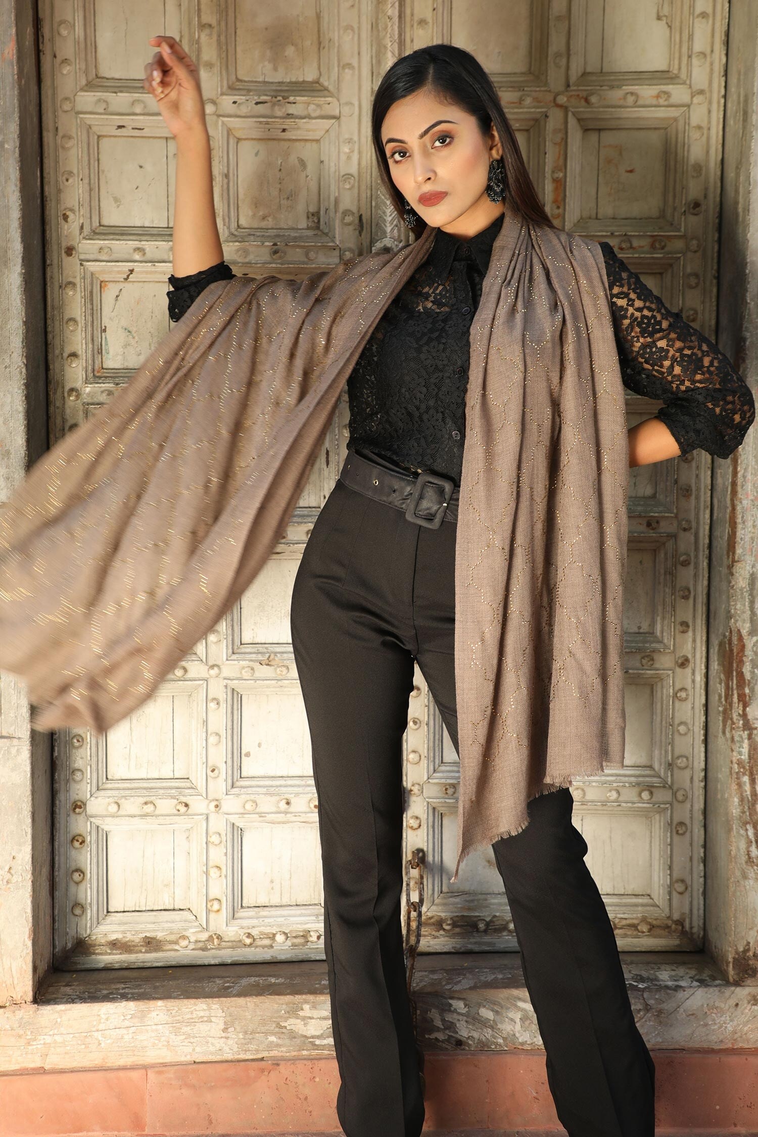 Buy Beige Embellished Handwoven Cashmere Fine Wool Diagonal Stone Work ...