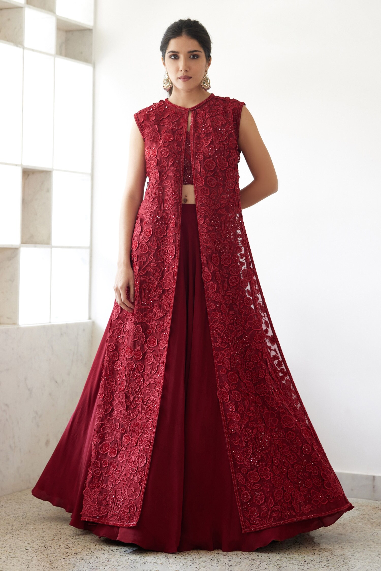 Buy Red Organza Embroidered 3d Floral Jacket Round Ember Lehenga Set ...