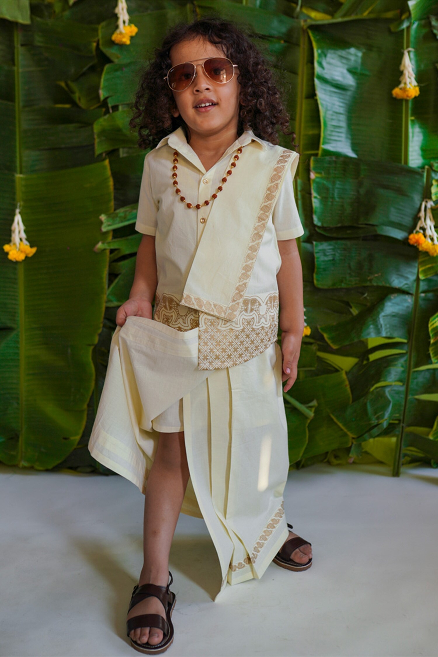 Buy Cream 100% Cotton Fish Shirt And Mundu Dhoti Set For Boys by Tiber ...