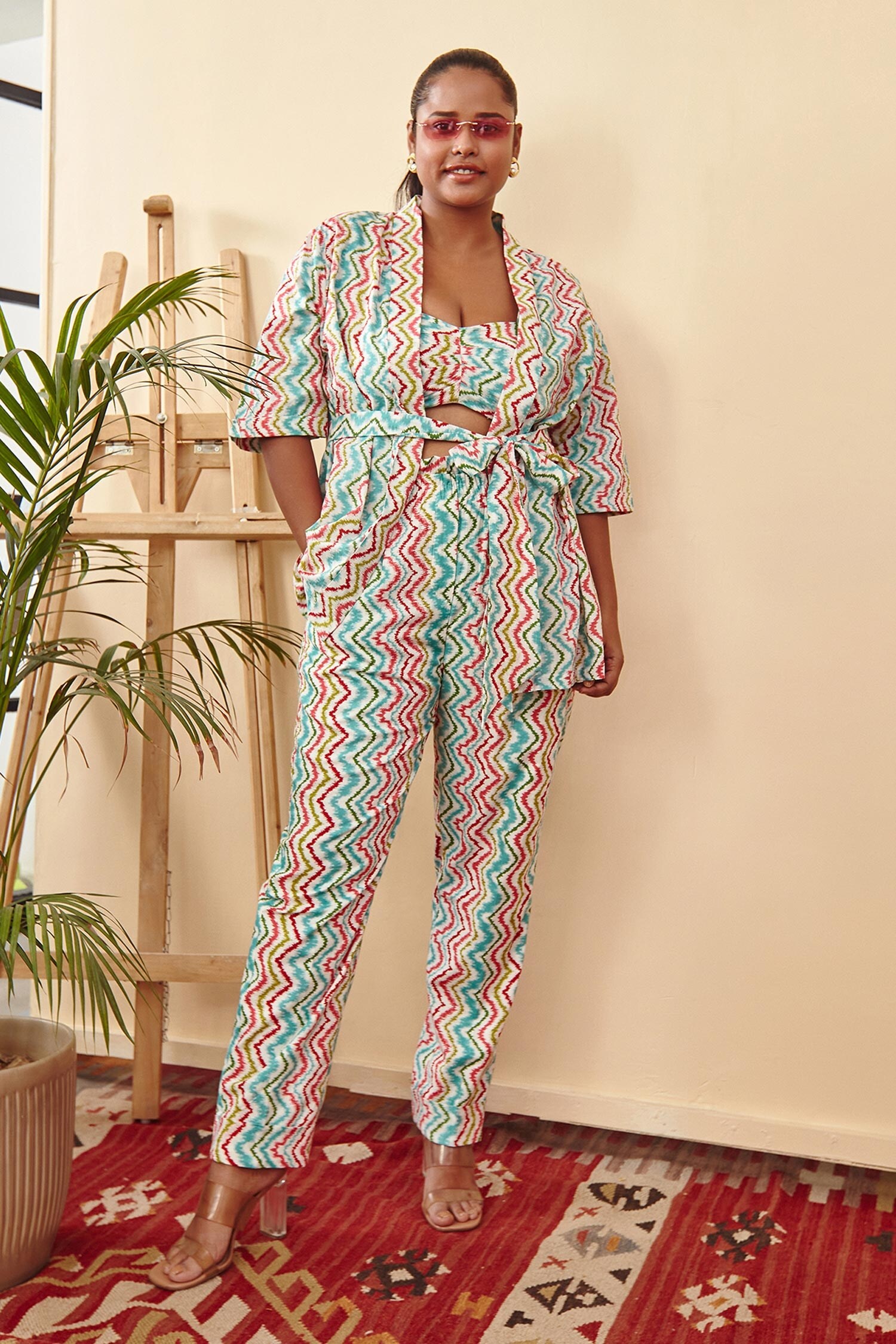 Buy Sorbae Multi Color Cotton Satin Gimle Ikat Print Kimono Pant Set ...