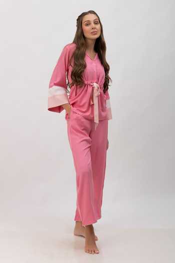 Buy Pink Cotton Plain V Neck Bella Front Knot Top And Pyjama Set For ...