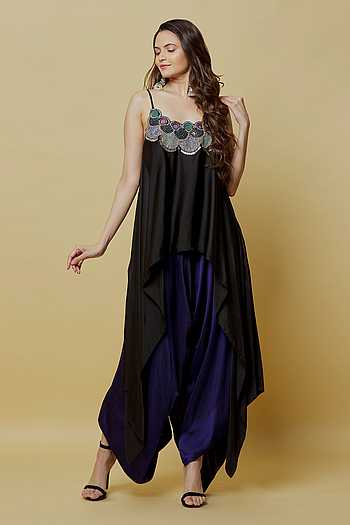 Buy Black Satin Embroidery Sequin And Thread Neckline Top & Draped Pant ...