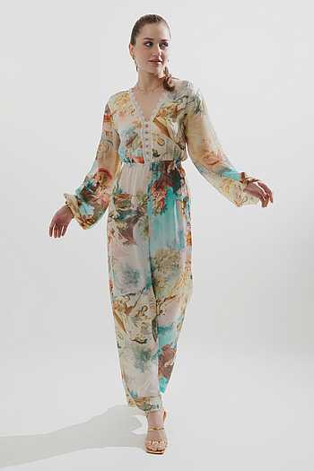 Buy Multi Color Silk Printed Abstract Botanical V Neck Lavina Jumpsuit ...