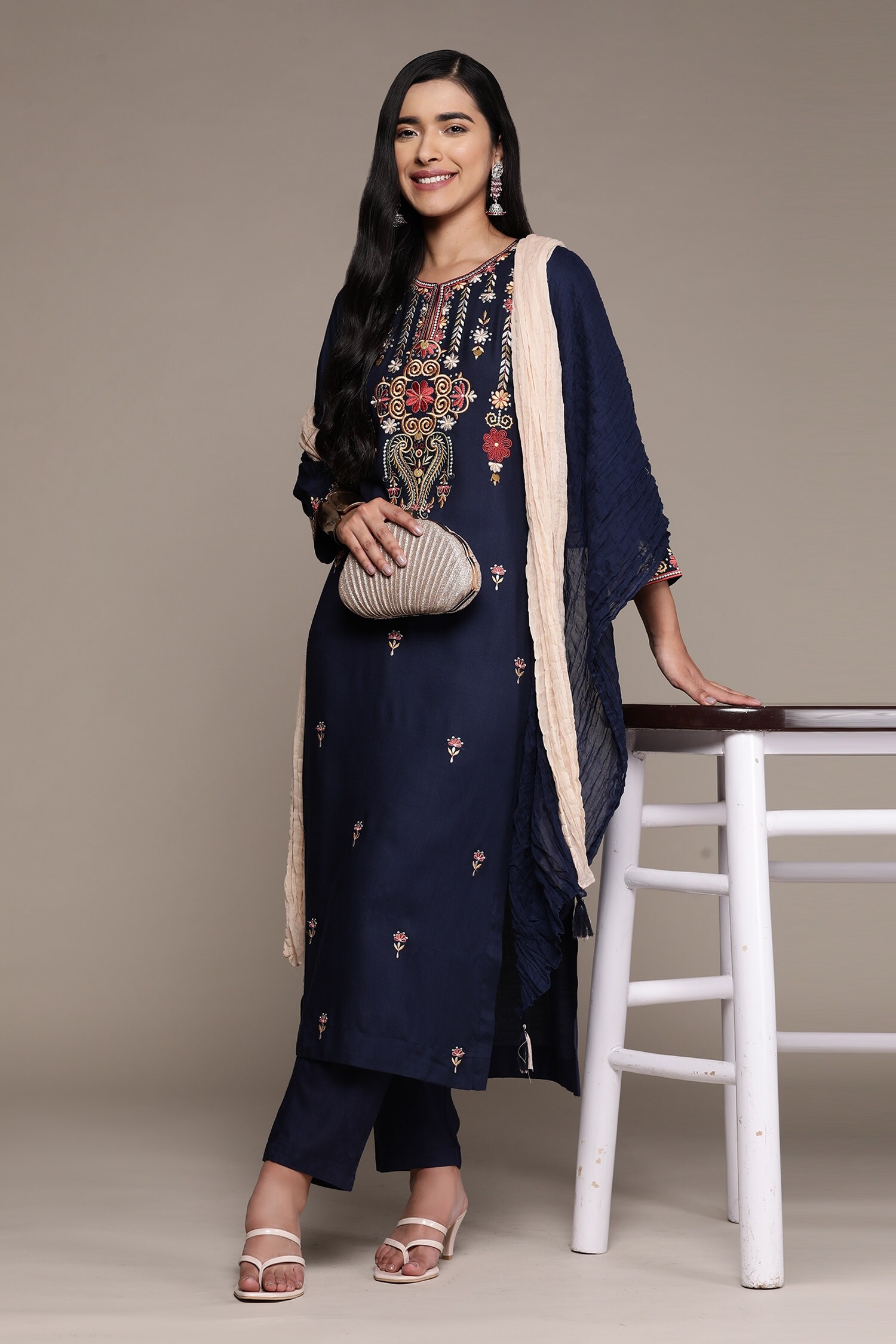 Buy Blue Rayon Embroidery Thread Round Floral Straight Kurta Set For ...