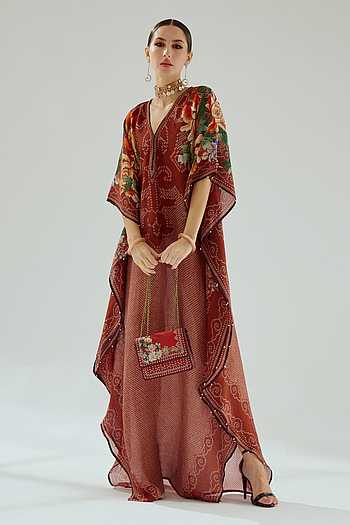 Buy Orange Silk Floral V Neck Elenor Kaftan For Women by Rajdeep ...