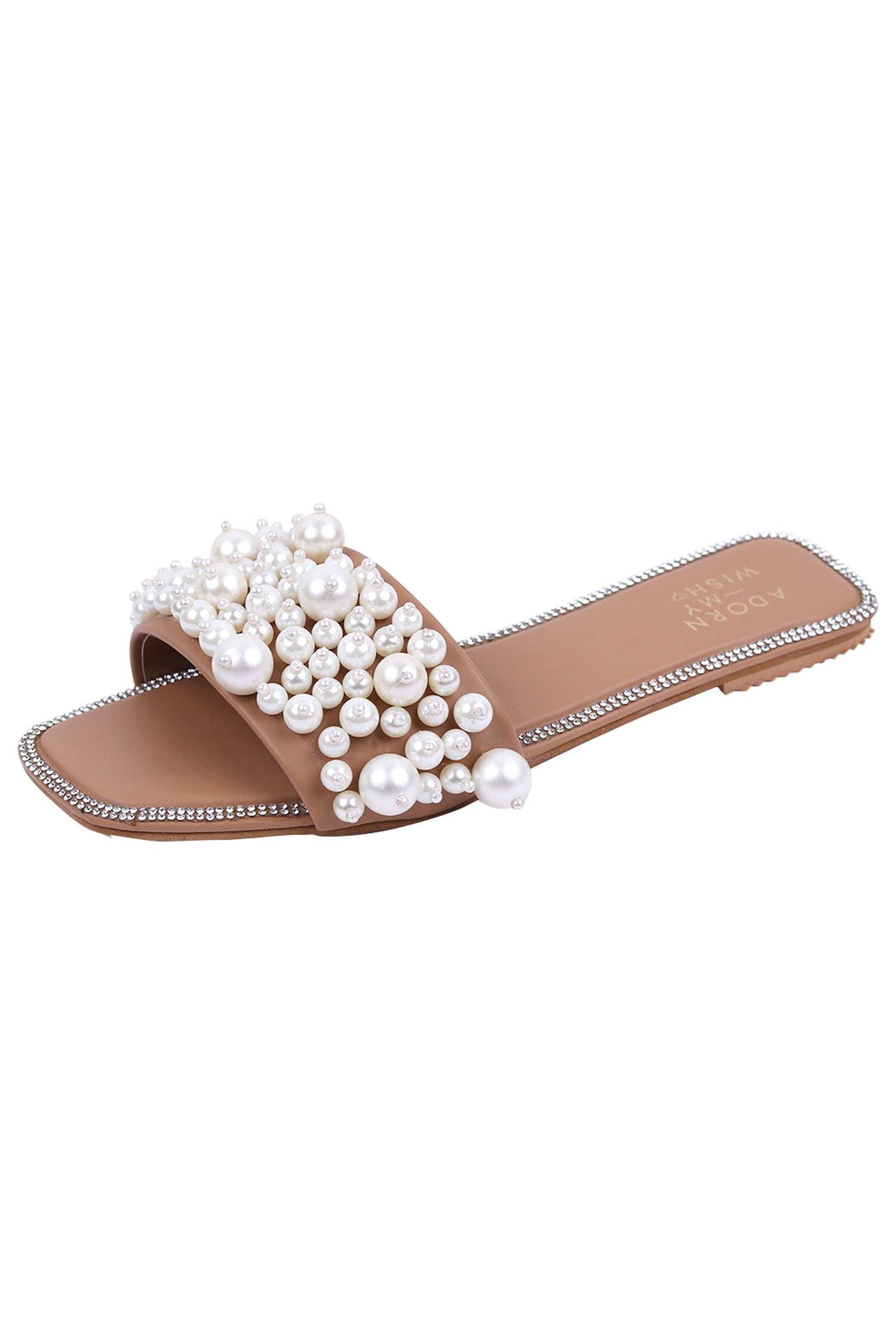 Buy Adorn My Wish Beige Rexine Pearl Embellished Strap Sliders Online ...