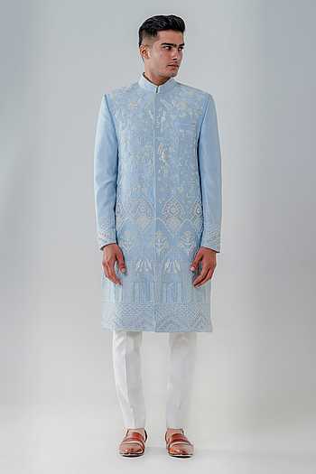 Buy Amrit Dawani Blue Dupion Silk Floral Embellished Sherwani Set ...