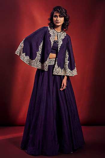 Buy Stotram Purple Cotton Lycra Marodi Embroidered Jacket Lehenga Set ...