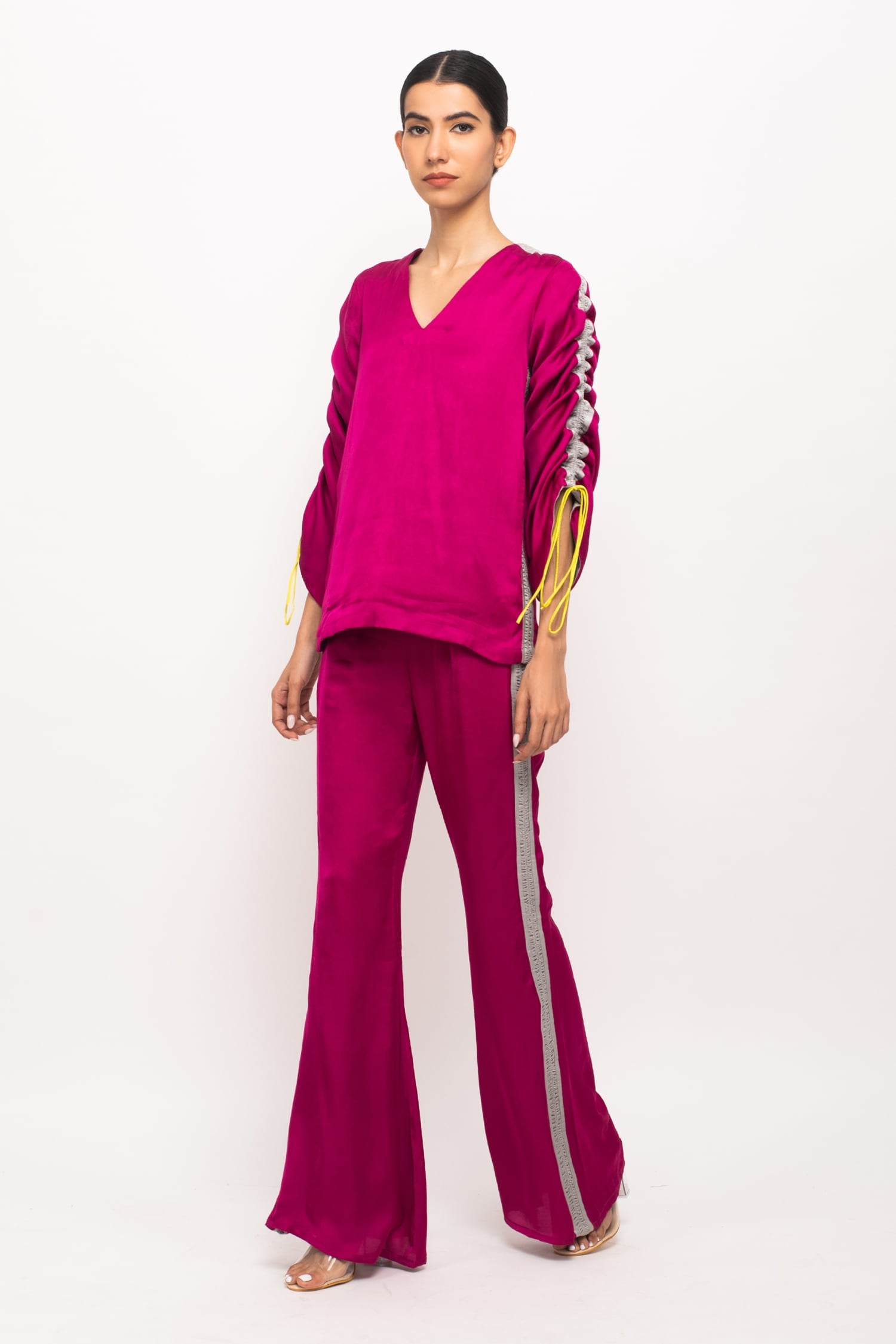 Buy Wine Bemberg Modal Silk Solid V Neck Ruched Sleeve Kaftan Set For ...