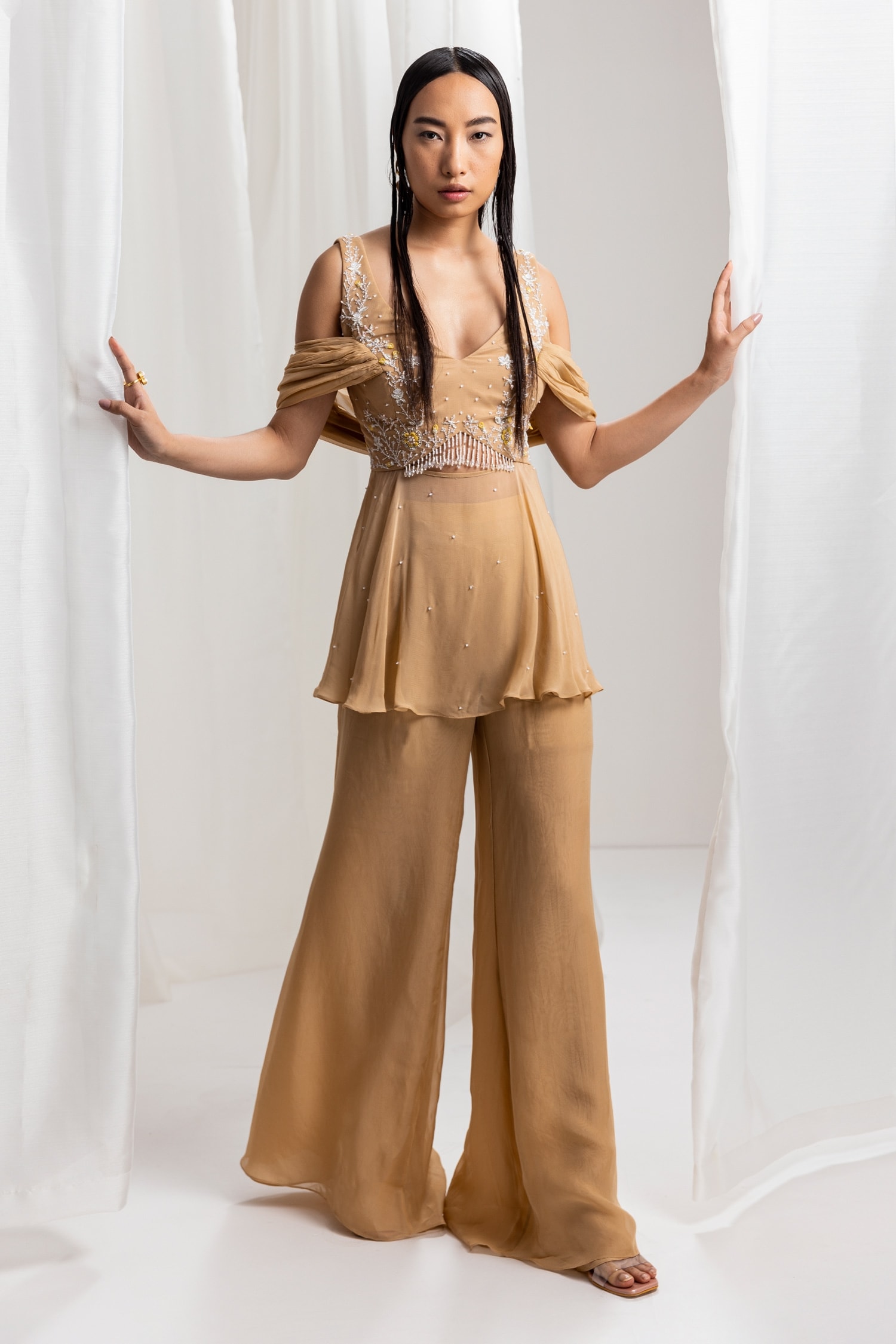 Buy Seema Thukral Gold Peplum- Georgette Hand Embroidered Peplum Top ...