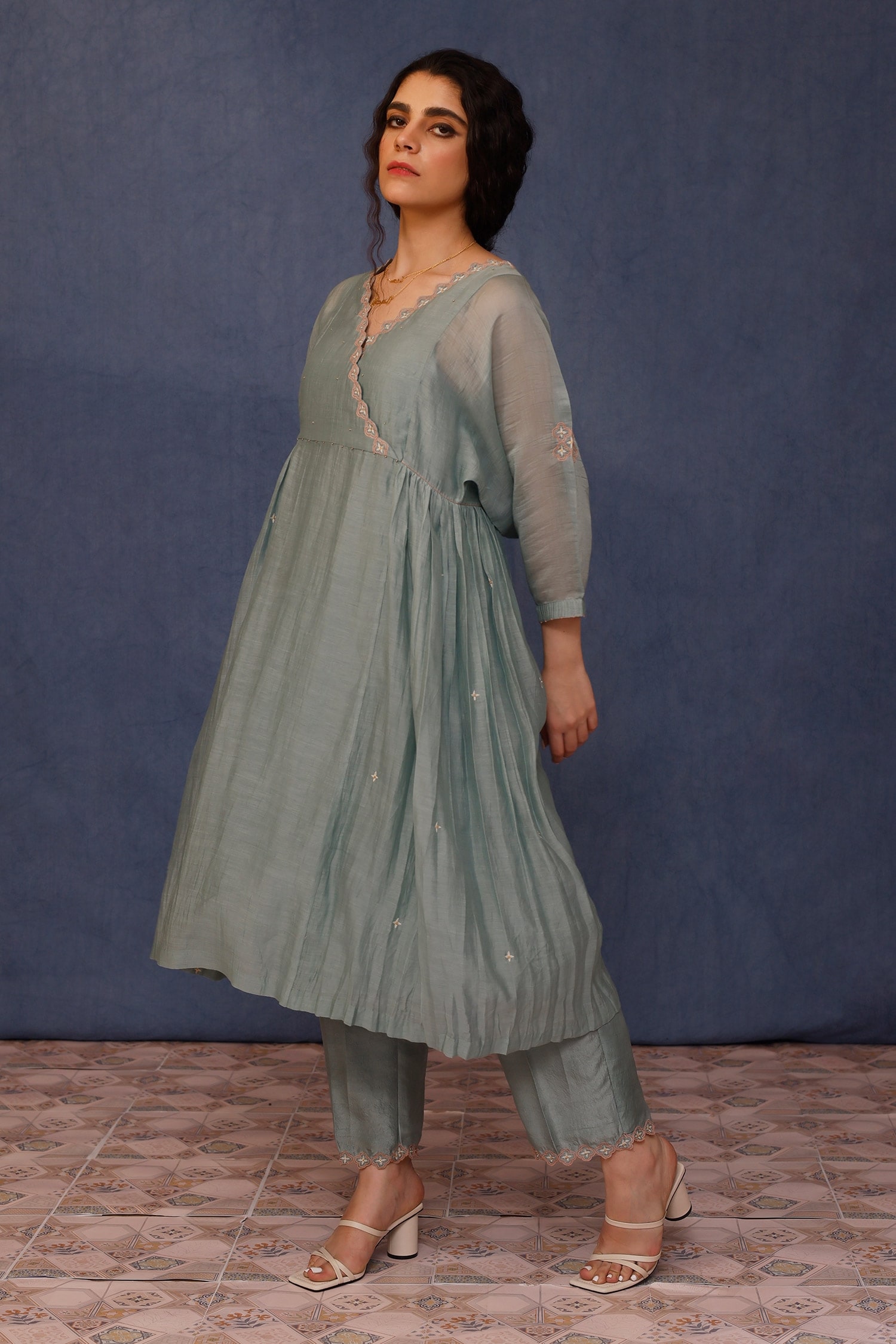 Buy Blue Anarkali: Malai Cotton Embroidery Kyra Neckline With Pant For ...