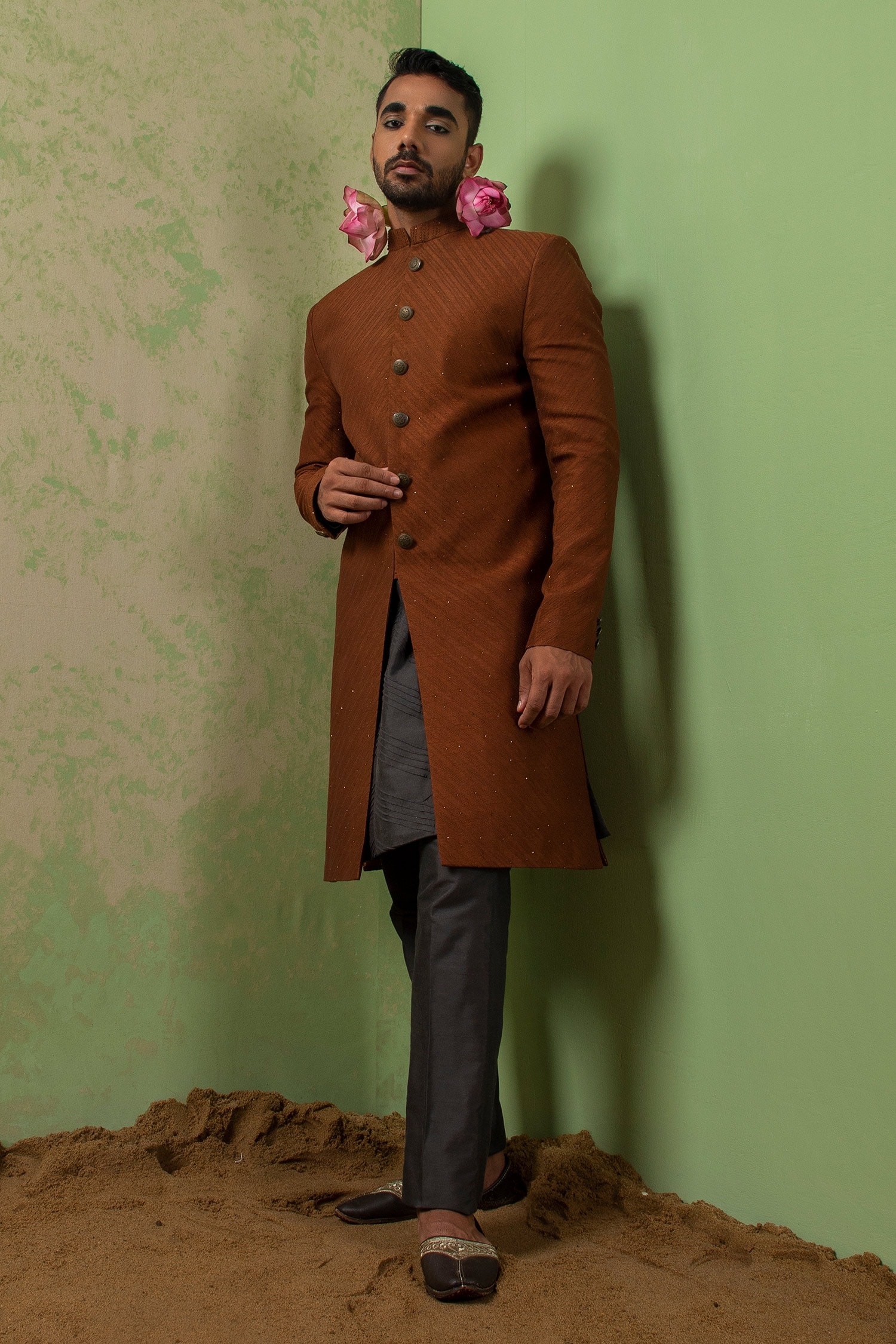 Buy Brown Silk Embroidery Thread And Cutdana Achkan Set For Men by ...