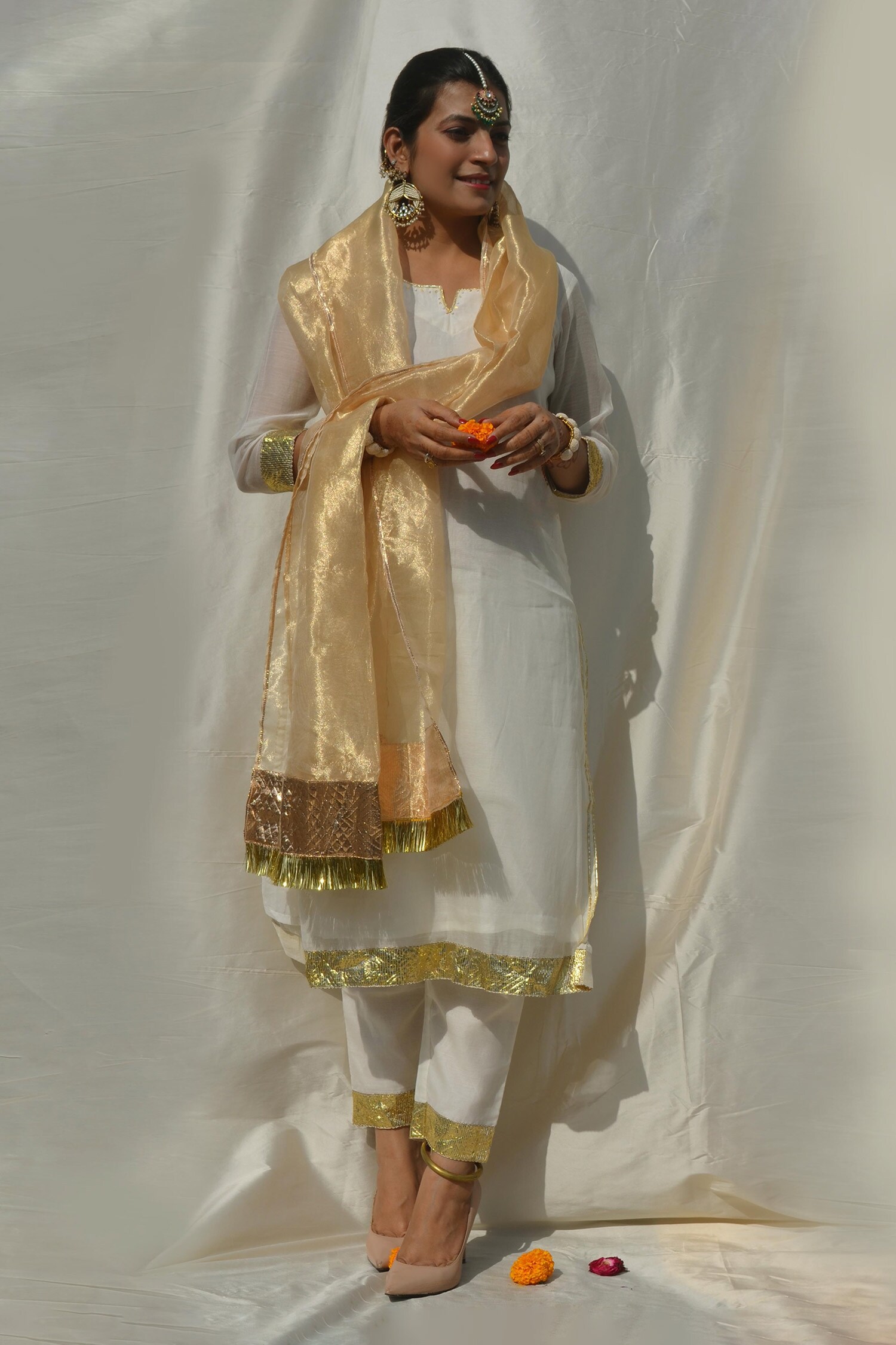 Buy Gold Tissue Embroidery Gota Work Border Dupatta For Women by Studio ...