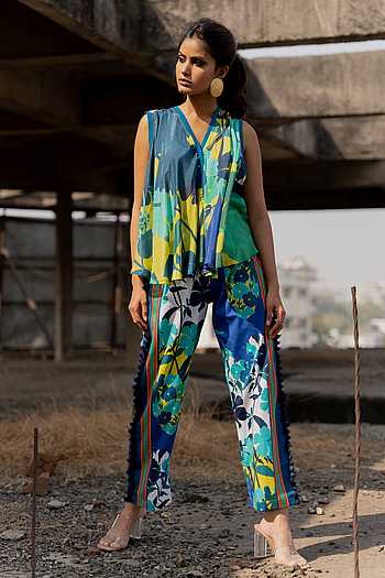 Buy Pooja-Keyur Blue Shirt Paradise Floral Print Top With Pant Online ...