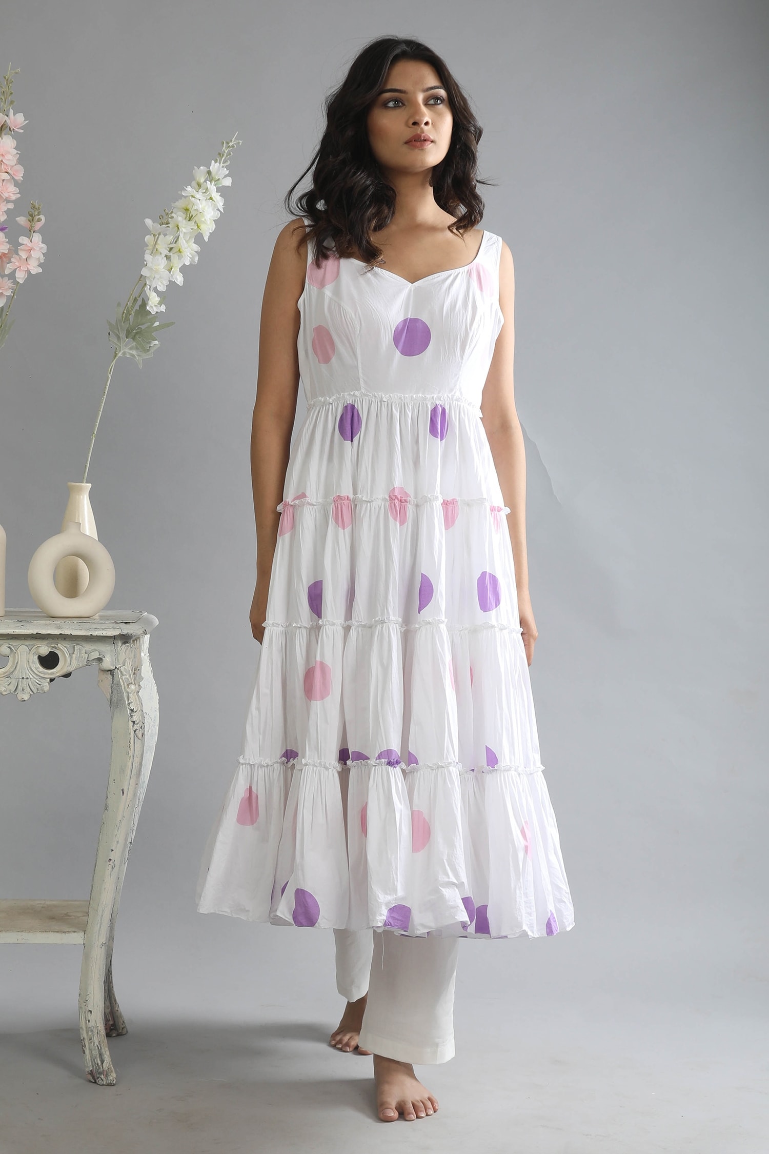 Buy KHAT White Poplin Cotton Tiered Polka Pattern Kurta And Pant Set ...