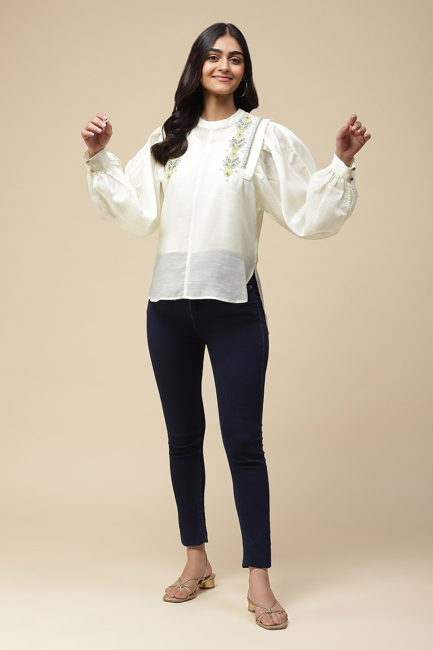 Buy Aarke Ritu Kumar Yellow Polyester Embroidered Puff Sleeve Top ...