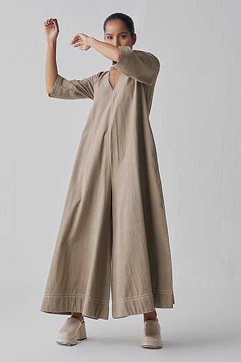 Buy Three Grey Handloom Cotton Broad Leg Jumpsuit Online | Aza Fashions