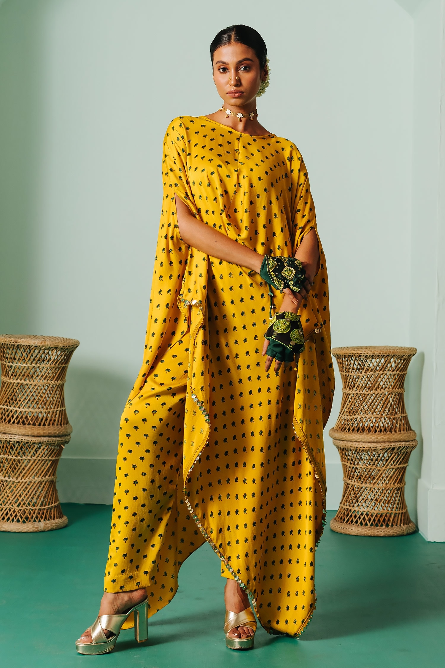 Buy Yellow Satin Hand Block Printed Ajrakh Boat Kaftan And Slim Pant ...