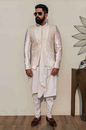 Buy December Cream Velvet Hand Embroidered Jacket Kurta Set Online ...