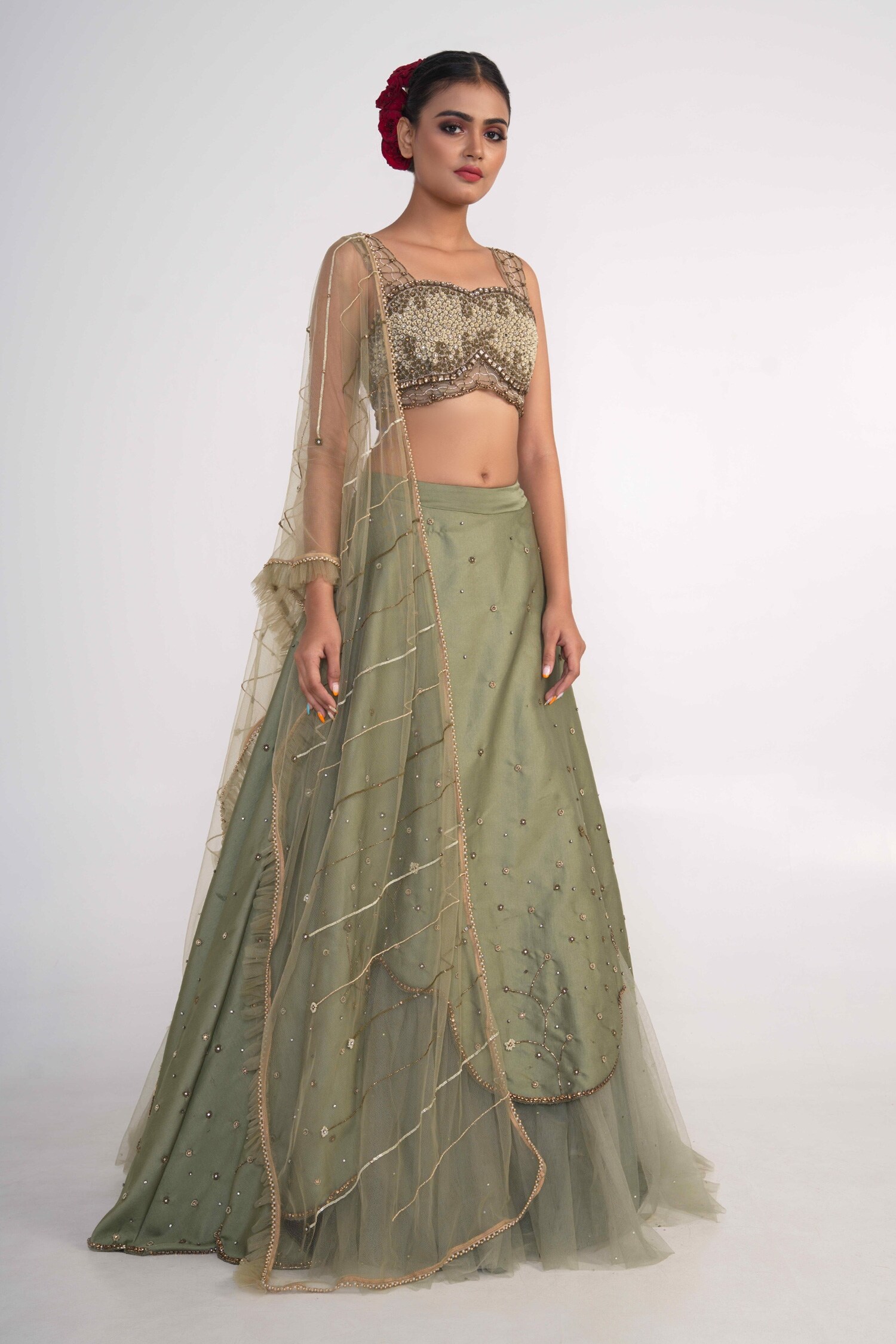 Buy Green Blouse: ; Lehenga: And Net; Layered Set For Women by Merge ...