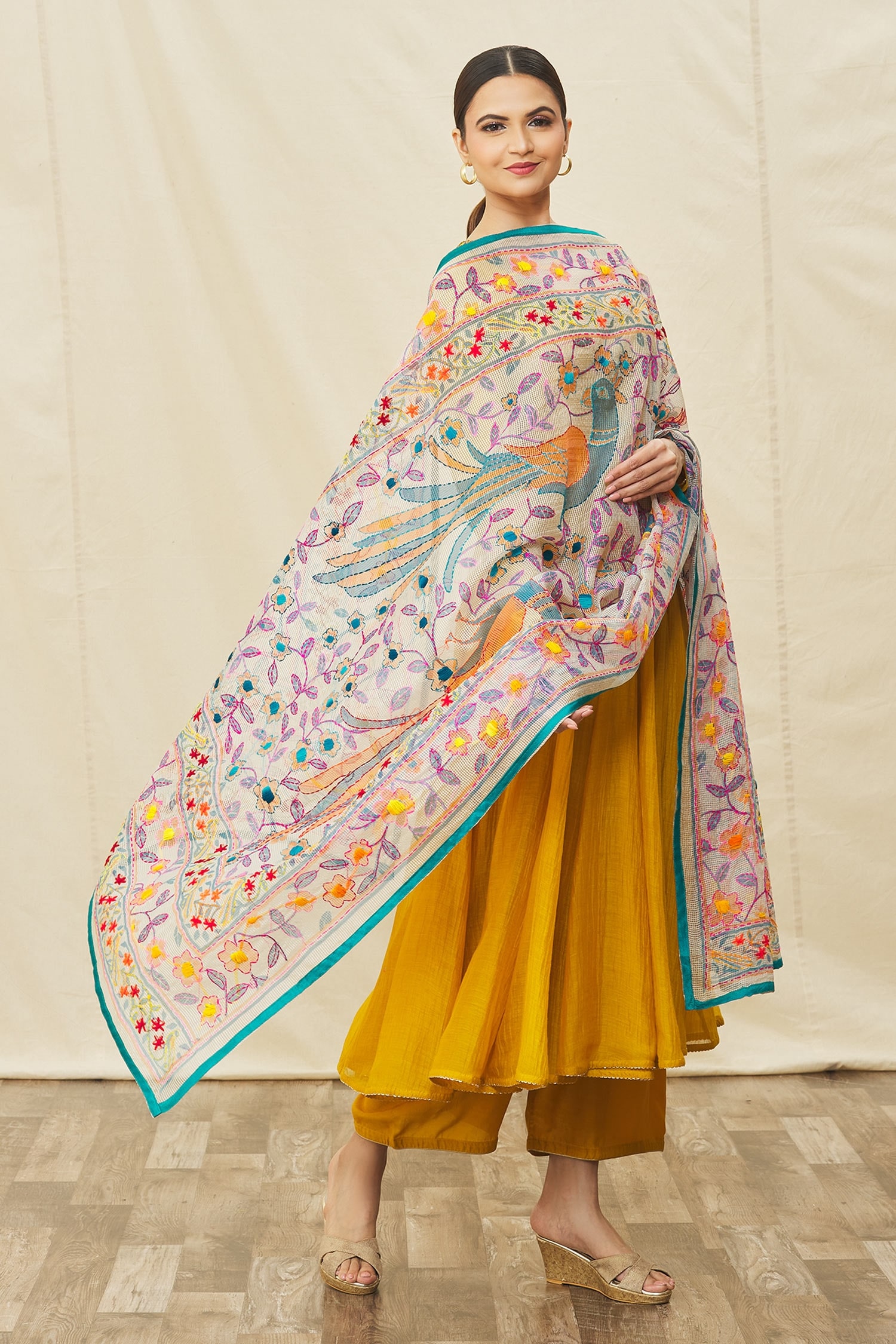 Buy Nazaakat by Samara Singh Multi Color Kota Doria Bird And Floral ...