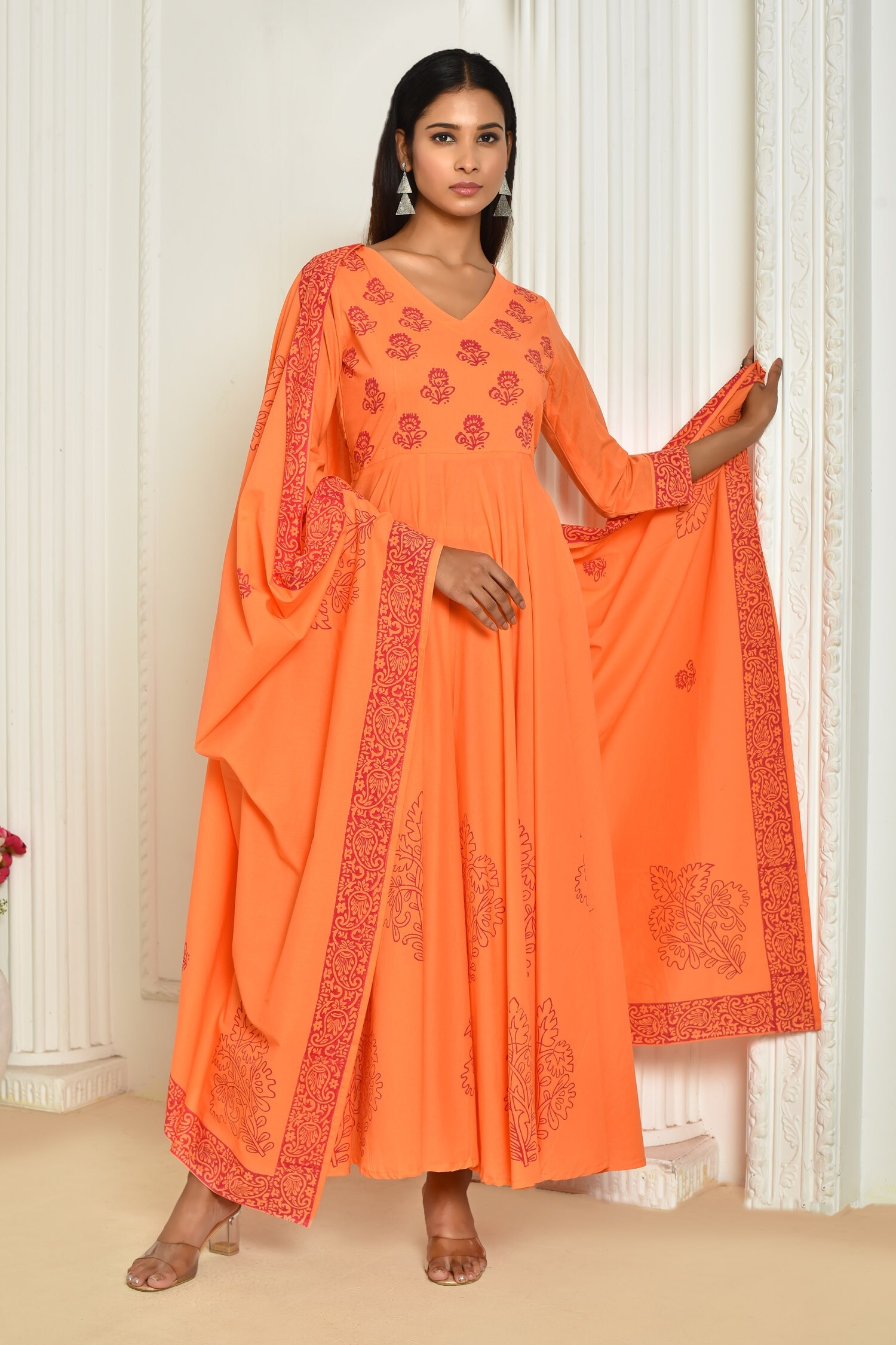 Buy Orange Cotton Hand Block Printed Floral Motifs Flower Anarkali Set ...