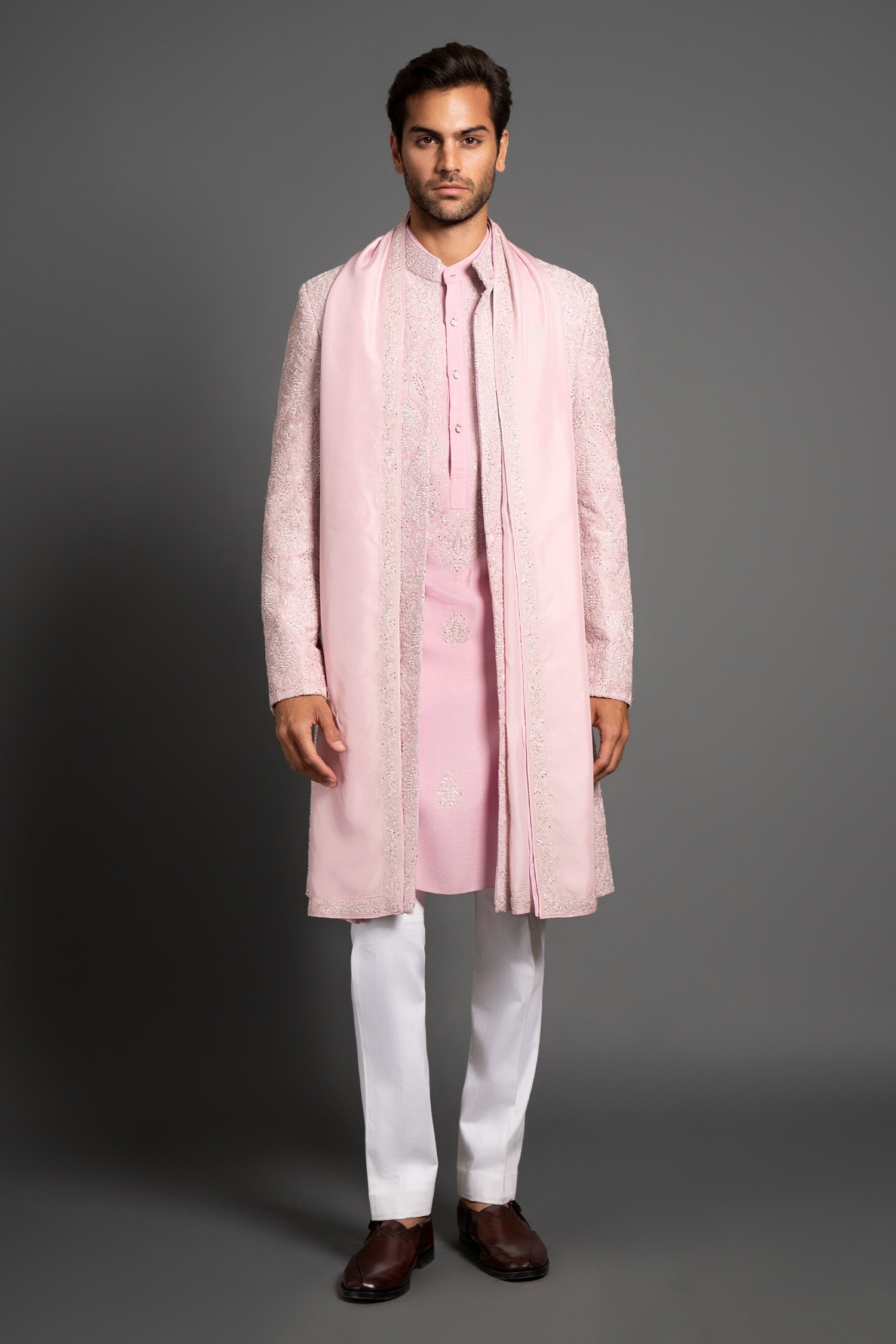 Buy Pink Silk Embroidered Floral Front Open Achkan For Men by ...