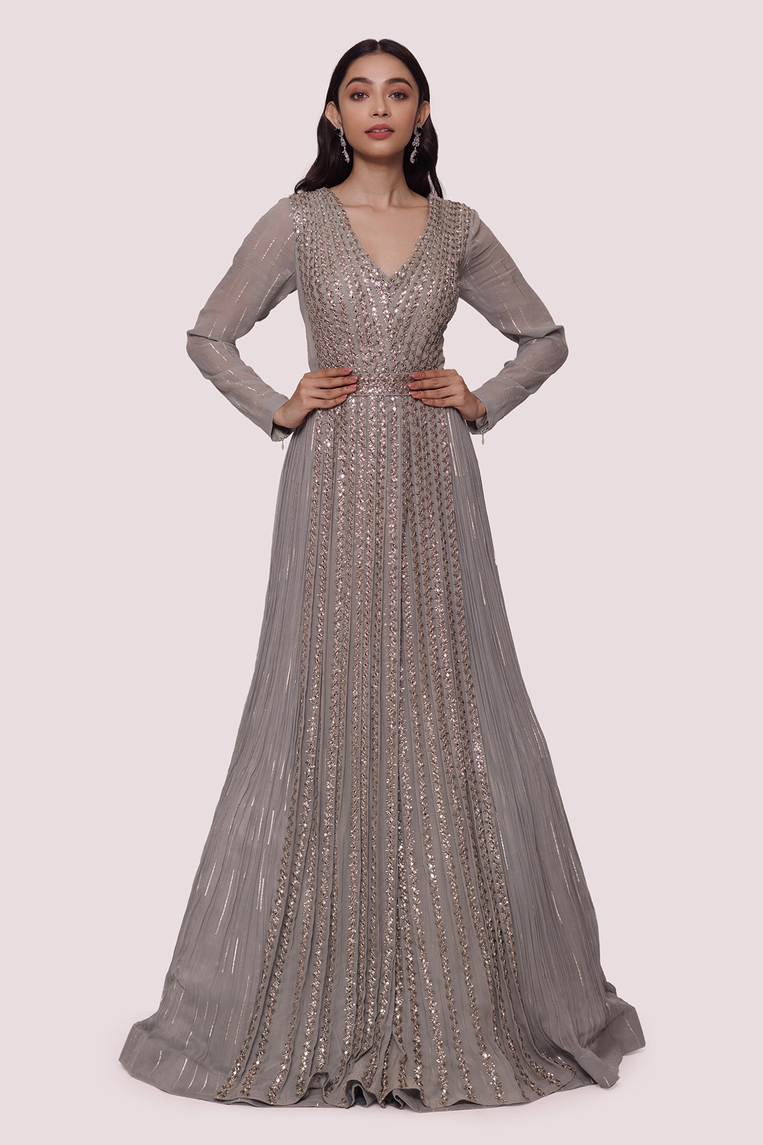 Buy Blue Georgette Embellishment Cutdana V Neck Centre Front Gown For ...