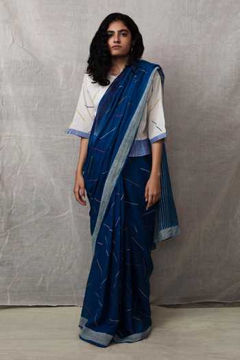 Buy Blue Cotton Print Sprinkle Round Geometric Stripe Saree With Crop ...