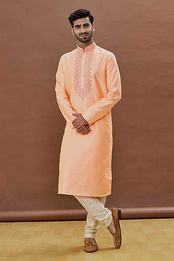Buy Peach Silk Embroidered Leaf Pattern Placket Kurta Set For Men by ...