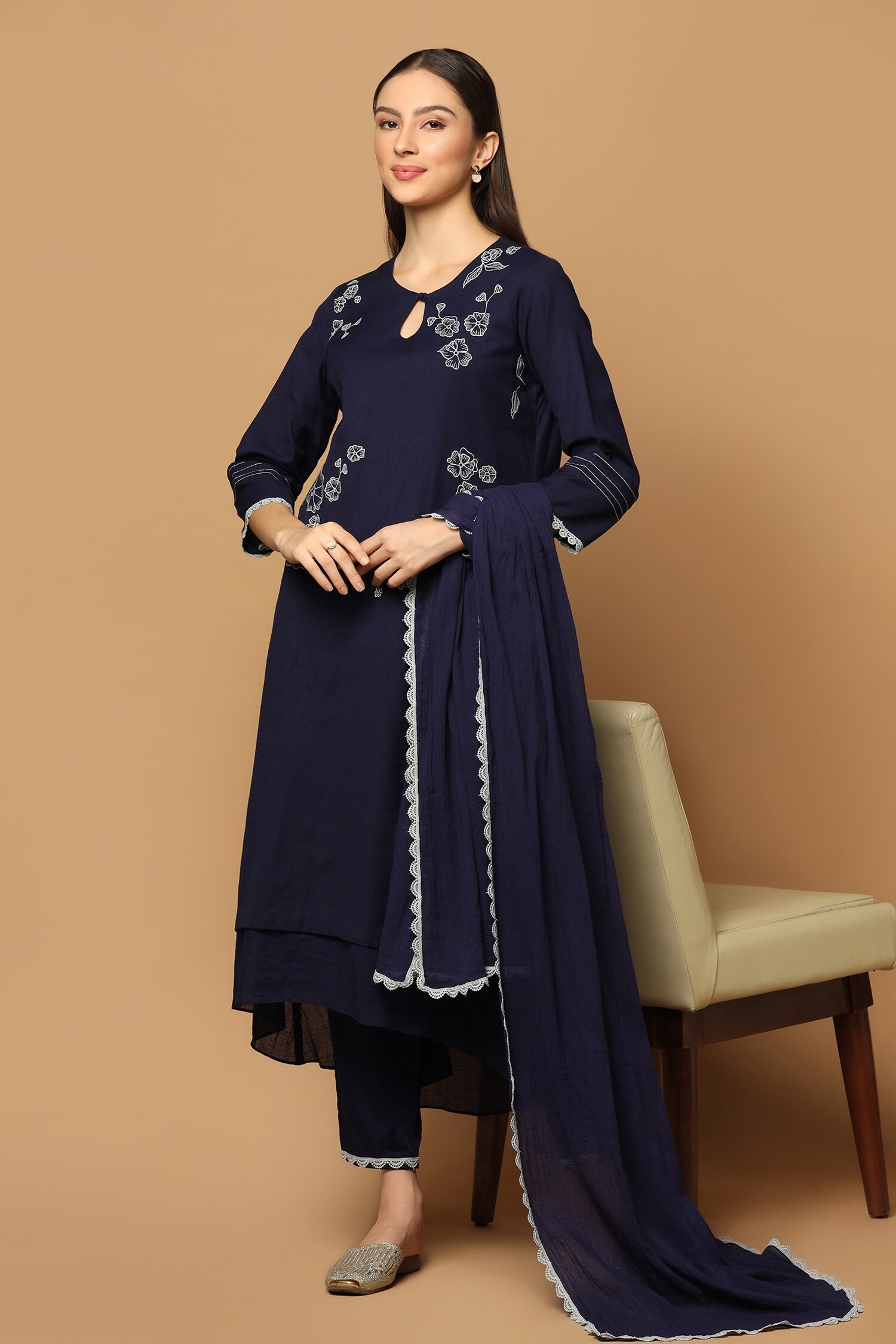 Buy Blue Kurta And Pant - Linen Cotton Embroidered Resham Floral Set ...