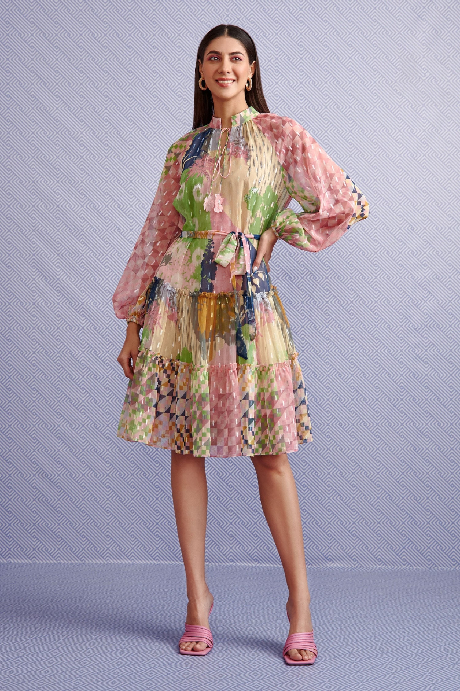 Buy Multi Color Textured Chiffon Hand Embellishment Takisha Tiered