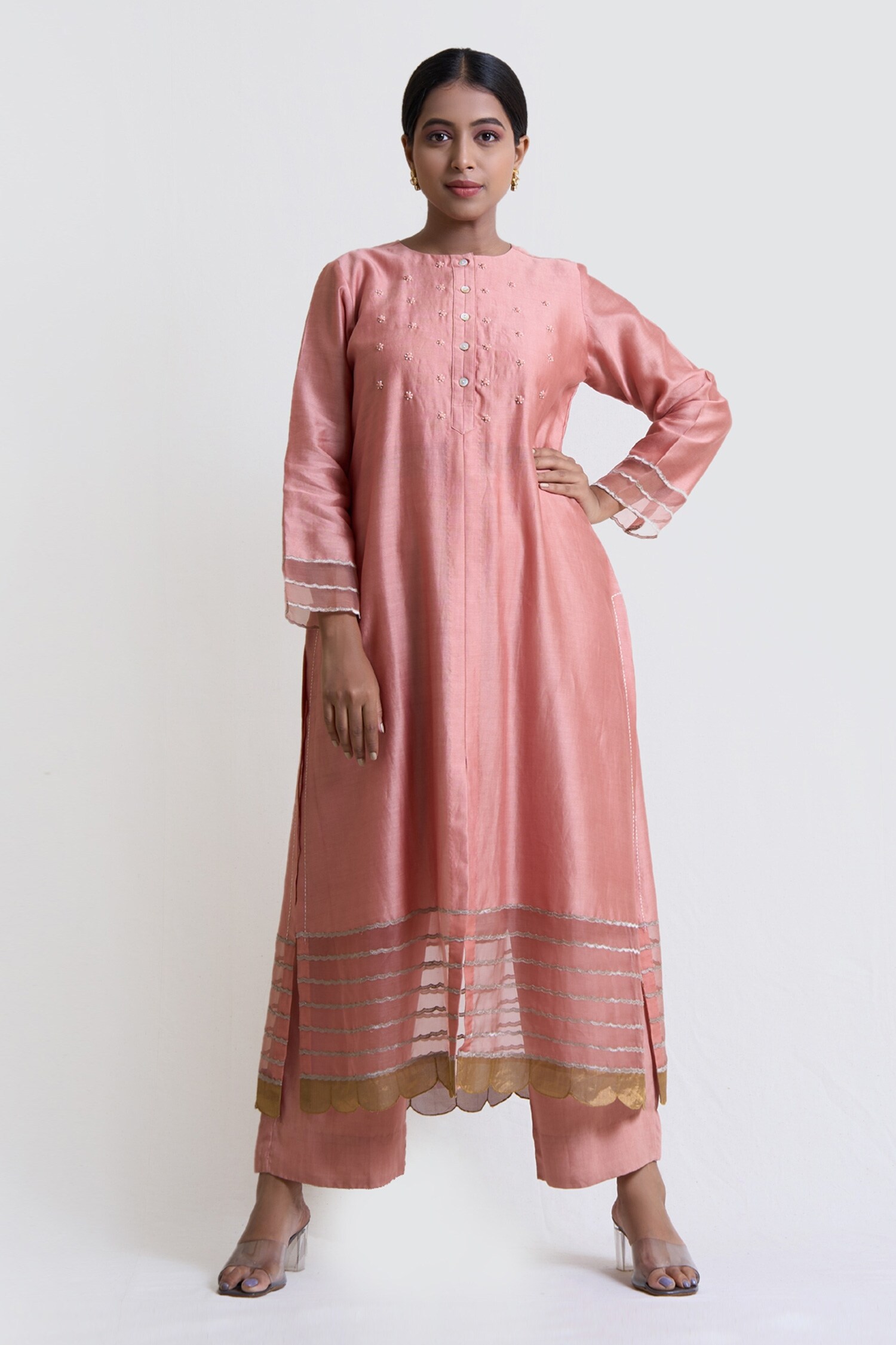 Buy Brij Pink Chanderi Silk Potli Detailed Kurta And Pant Set Online ...