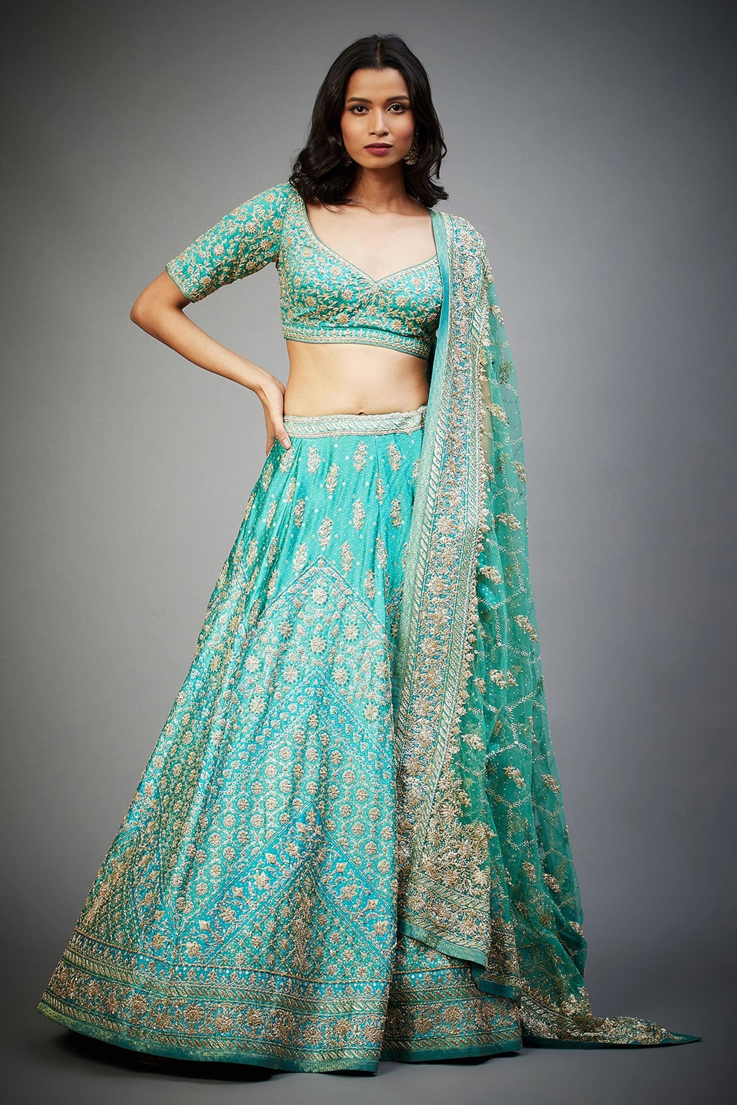 Buy RI.Ritu Kumar Green Blouse Tania Zardozi Floral Embroidered Lehenga ...