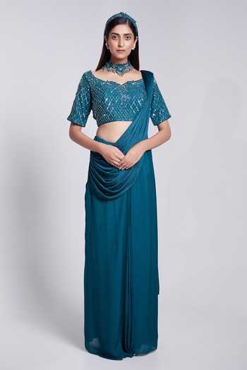 Buy Rajkumari and Suresh Green Crepe Pre-draped Pleated Pallu Saree ...