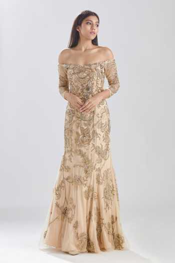 Buy Beige Tulle Hand Embroidered Sequin One Shoulder Amber Gown For ...
