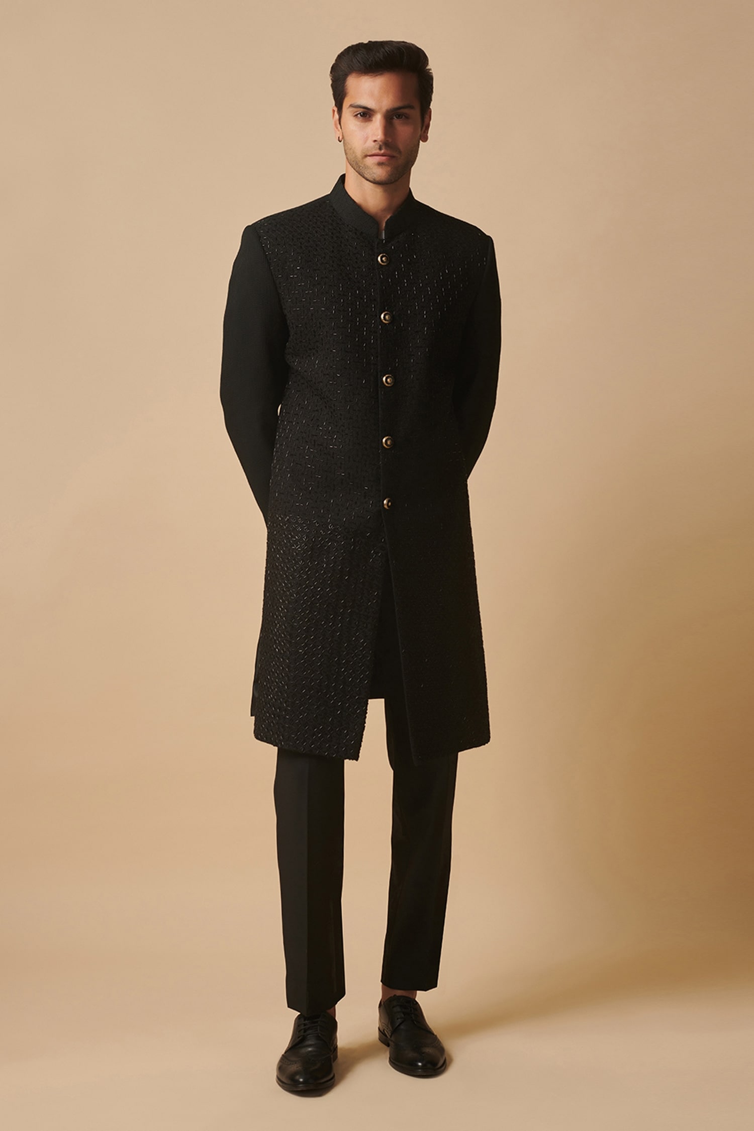 Buy Black Cotton Silk Embroidery Nalki Bling Empire Achkan For Men by ...