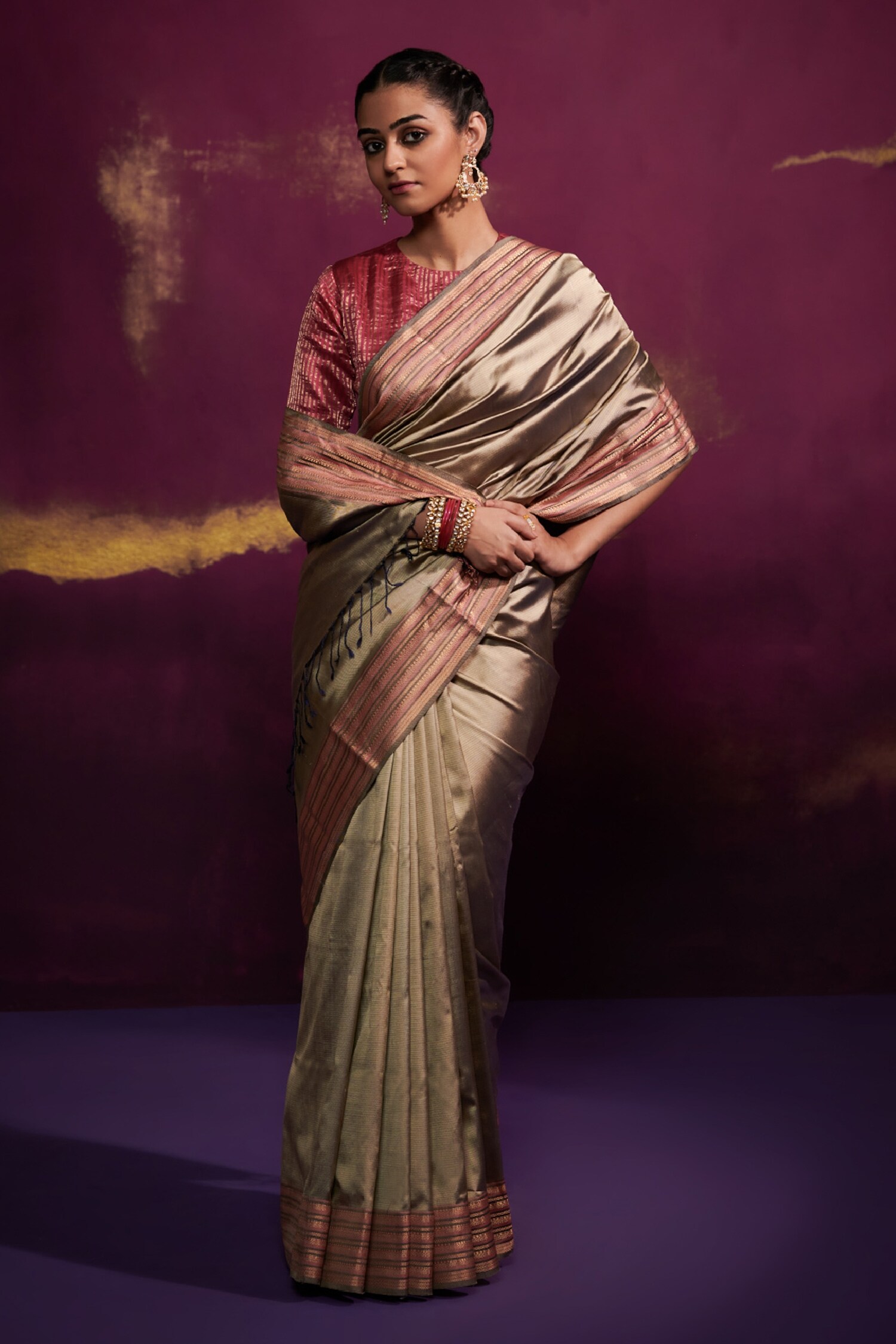 Buy Gold Handloom Silk (100% Pure Handwoven Contrast Border Saree For ...