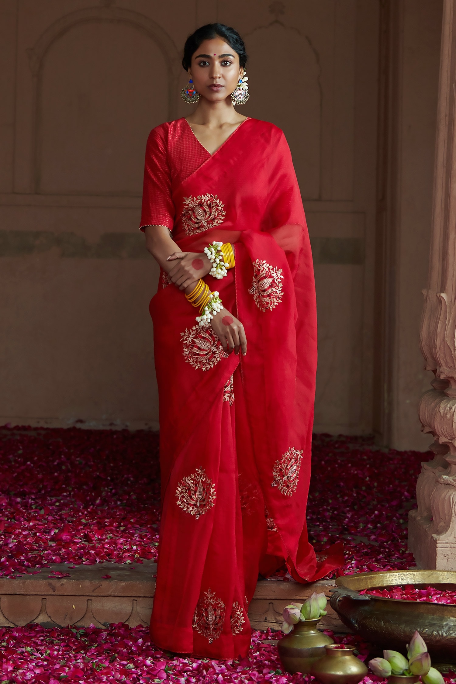 Buy Red Saree Organza Embroidered Zari V Lotus With Chanderi Blouse For ...