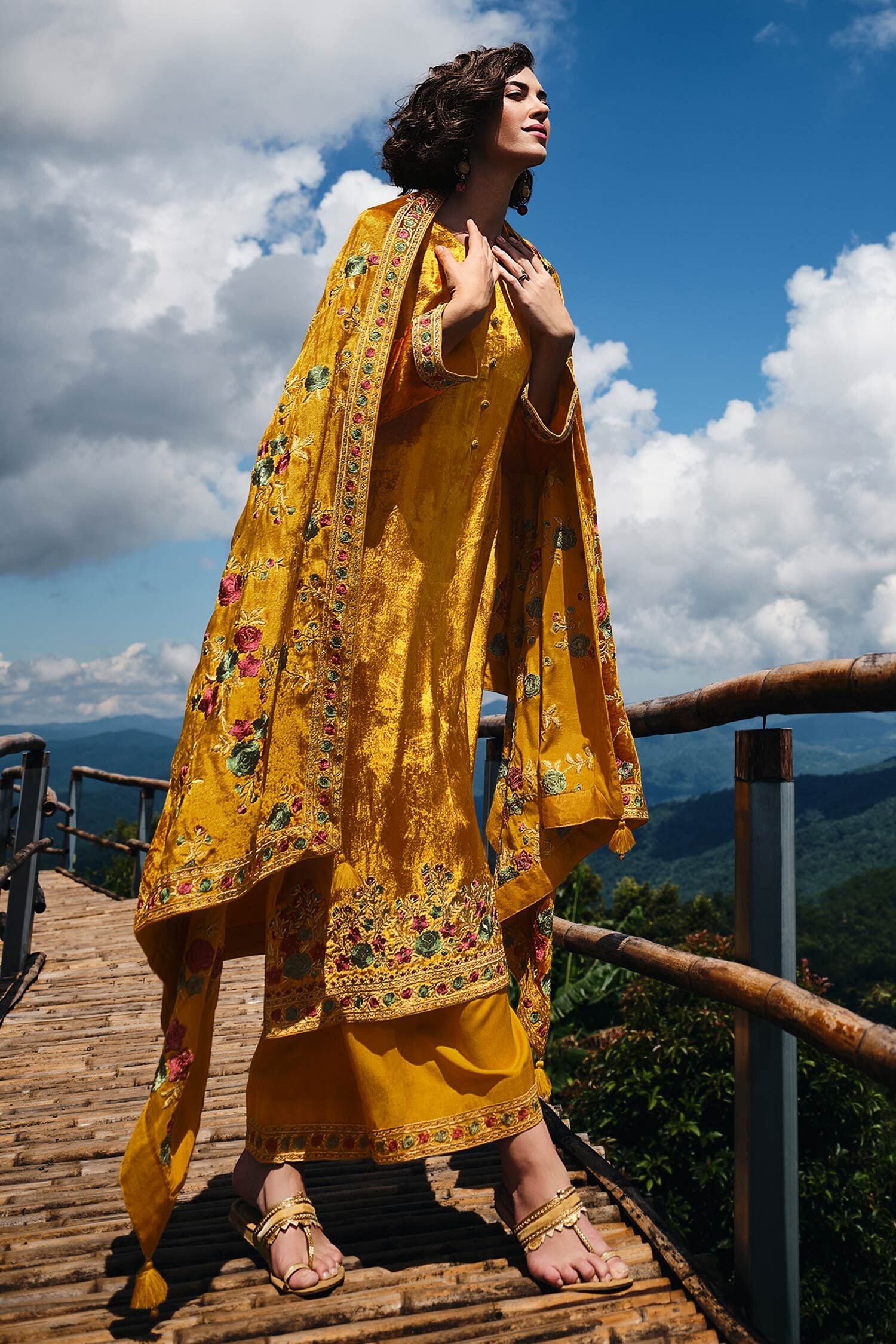 Buy Yellow Velvet Embroidered Parsi Round Kurta With Pashmina Pant Set ...