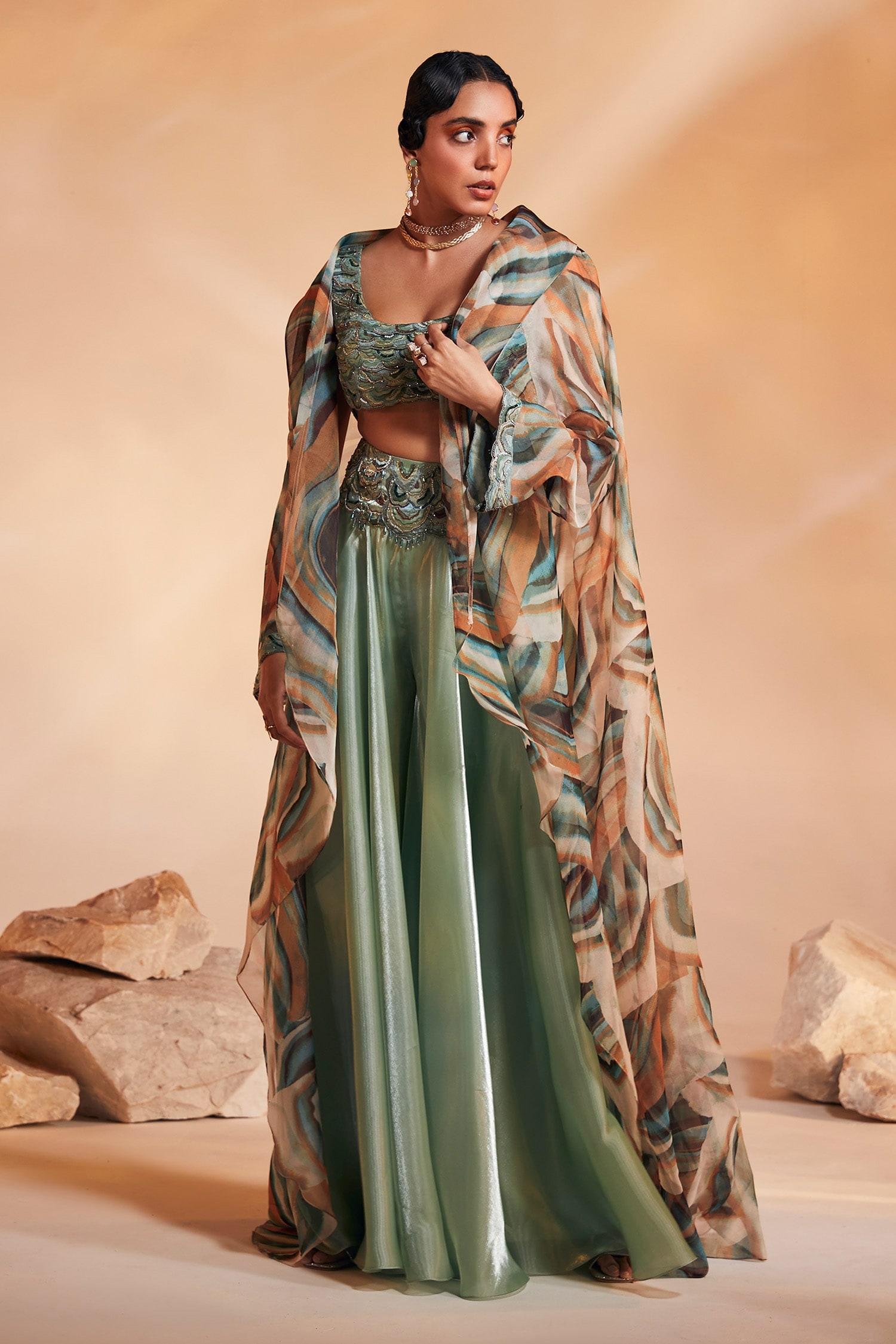 Buy Divya Aggarwal Multi Color Organza Adoree Printed Cape Pant Set ...