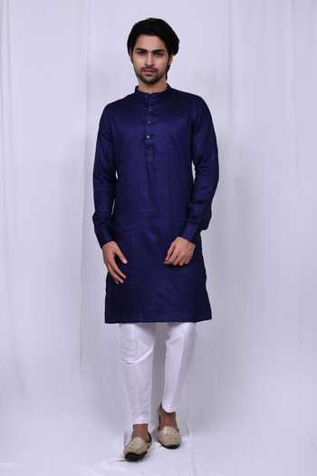 Buy Blue Kurta: Cotton Silk Plain And Pant Set For Men by Nazaakat by ...