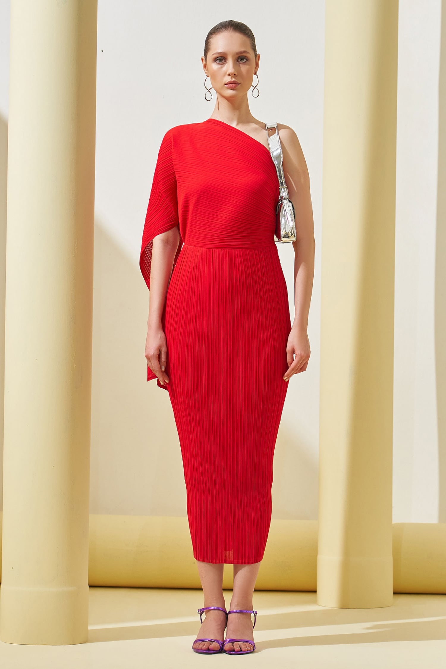 Buy Red Polyester Base Textured Pleated Pattern One Shoulder Dress For ...