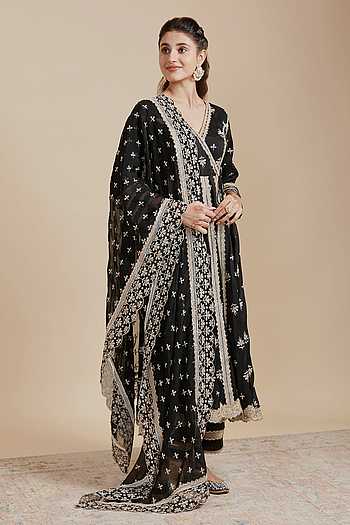 Buy Mulmul Black Vegan Silk Flower Motif Embroidered Angrakha Anarkali ...