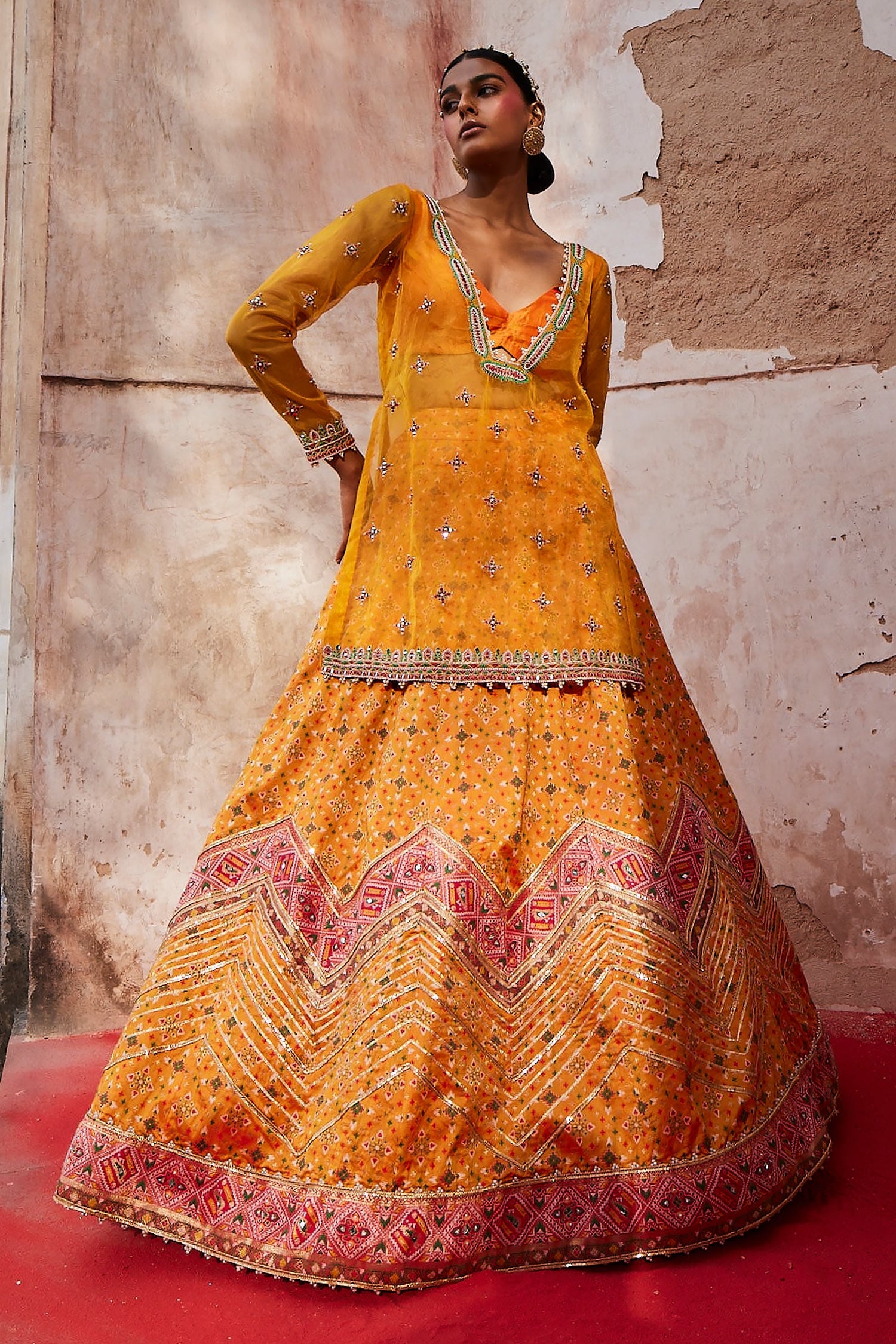 Buy Yellow Lehenga Silk And Embroidered Patola Pattern Set For Women By