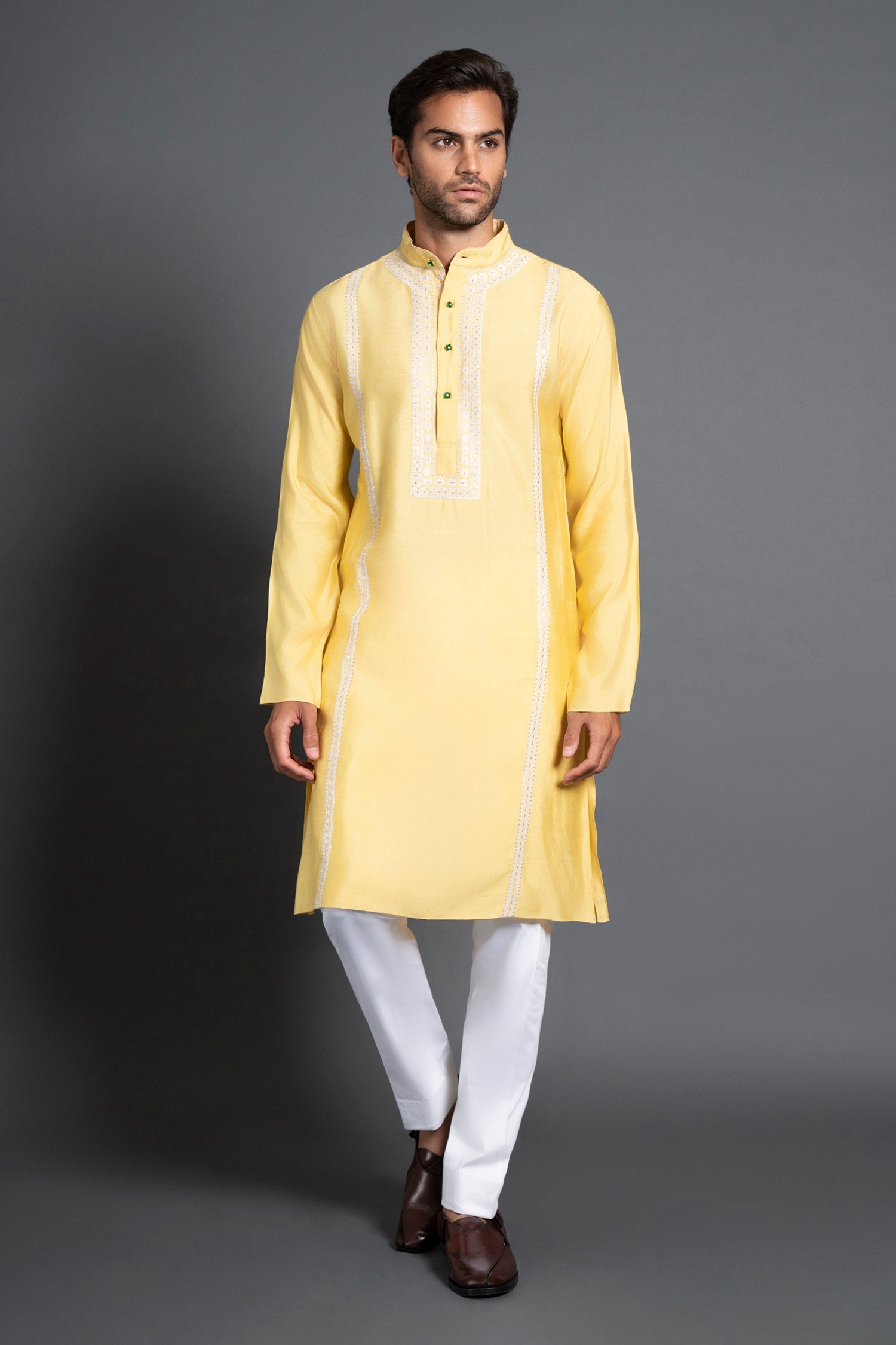 Buy Raghavendra Rathore Jodhpur Yellow Silk Panelled Embroidered Kurta ...