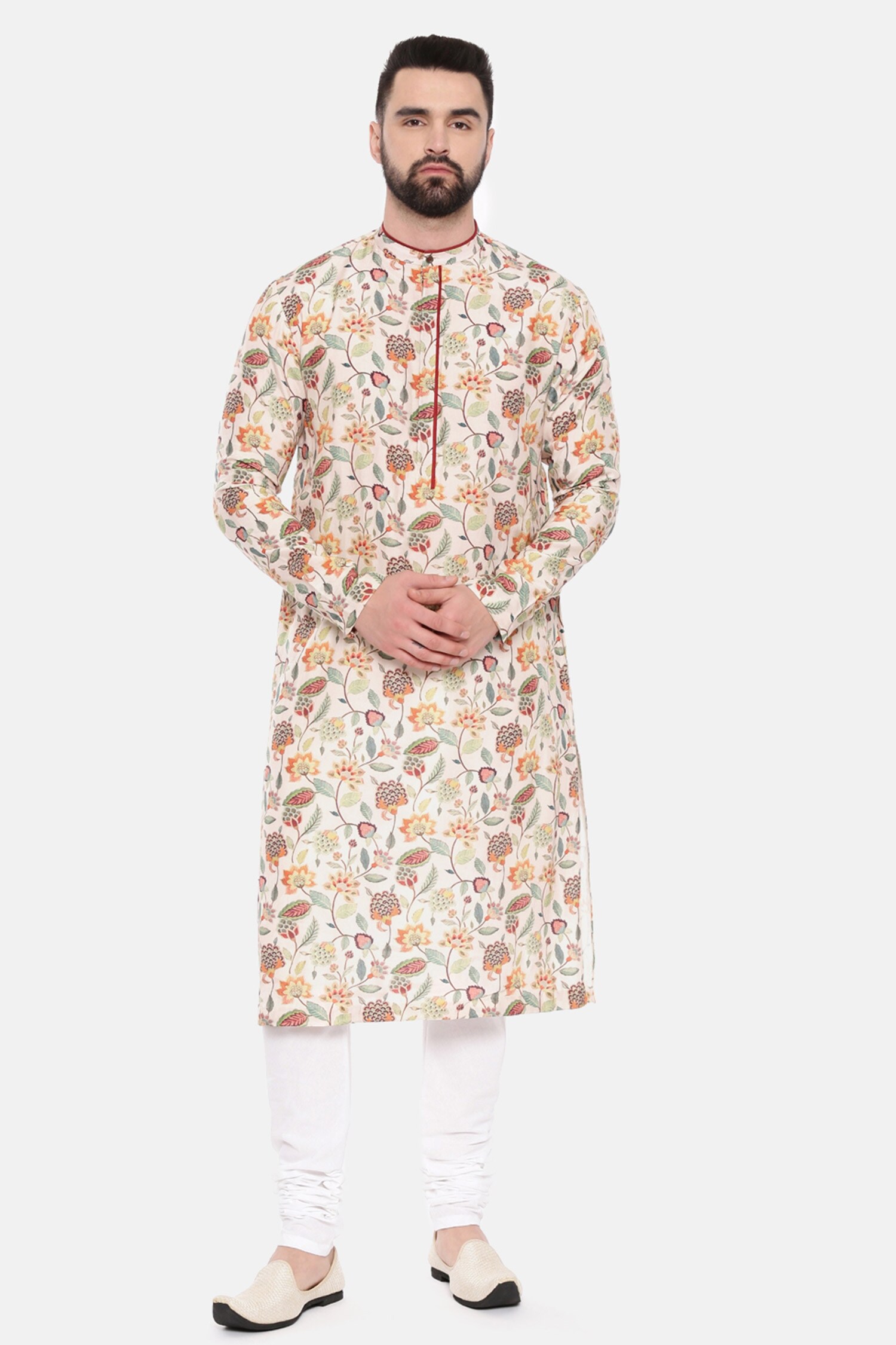 Buy Ivory Muslin Print Mughal Floral Kurta Set For Men by Mayank Modi ...