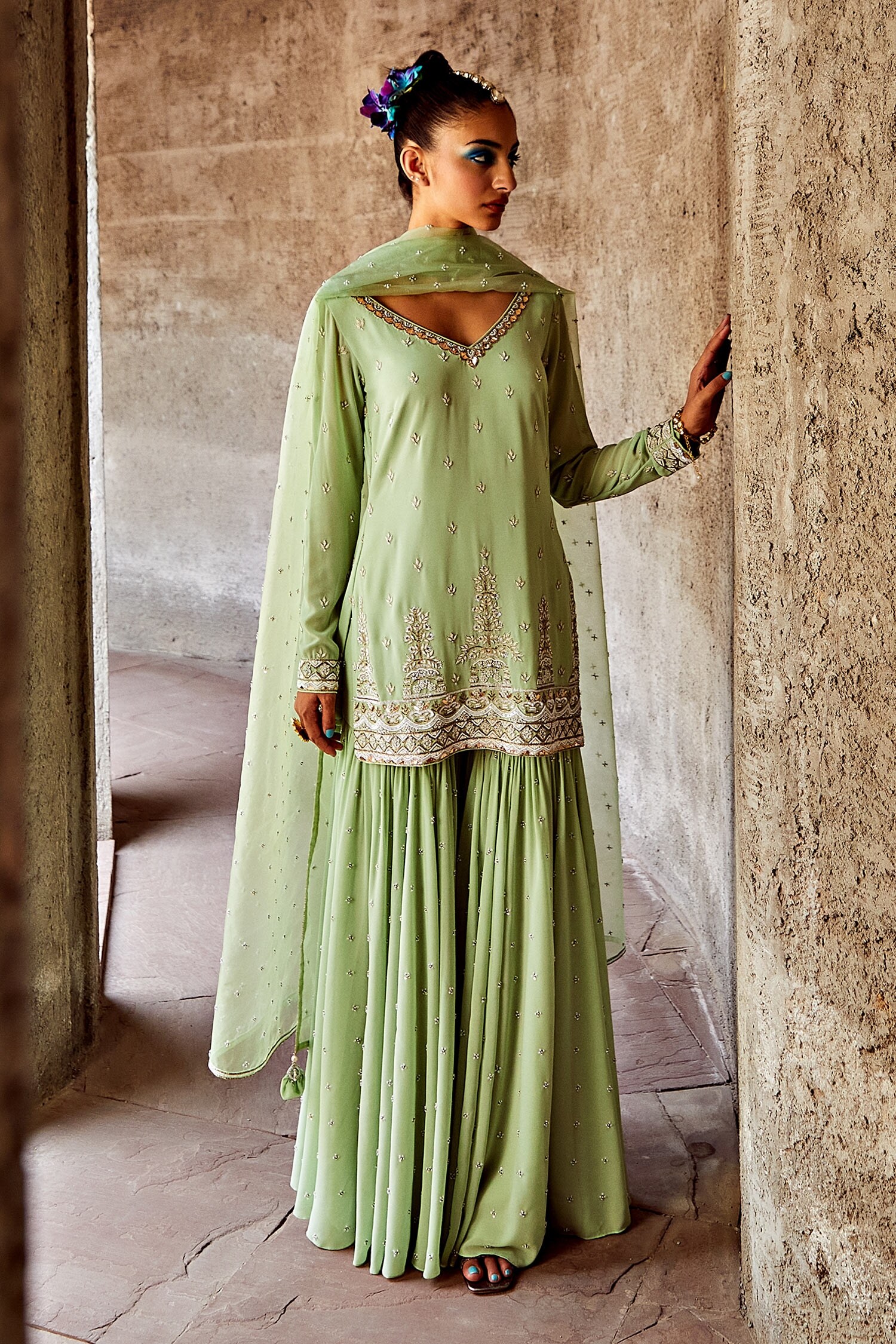 Buy Kaaisha By Shalini Green Floral Embroidered Kurta Sharara Set